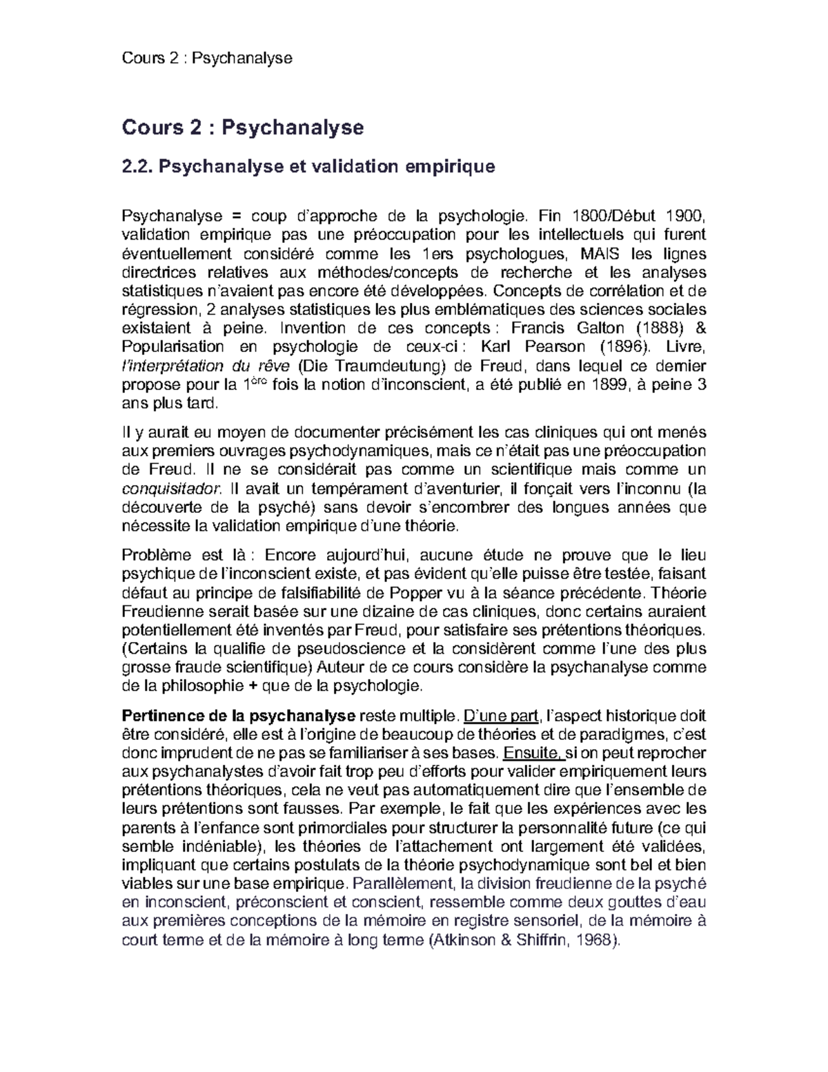 Cours 2 - Notes #2 - Cours 2 : Psychanalyse 2. Psychanalyse et ...