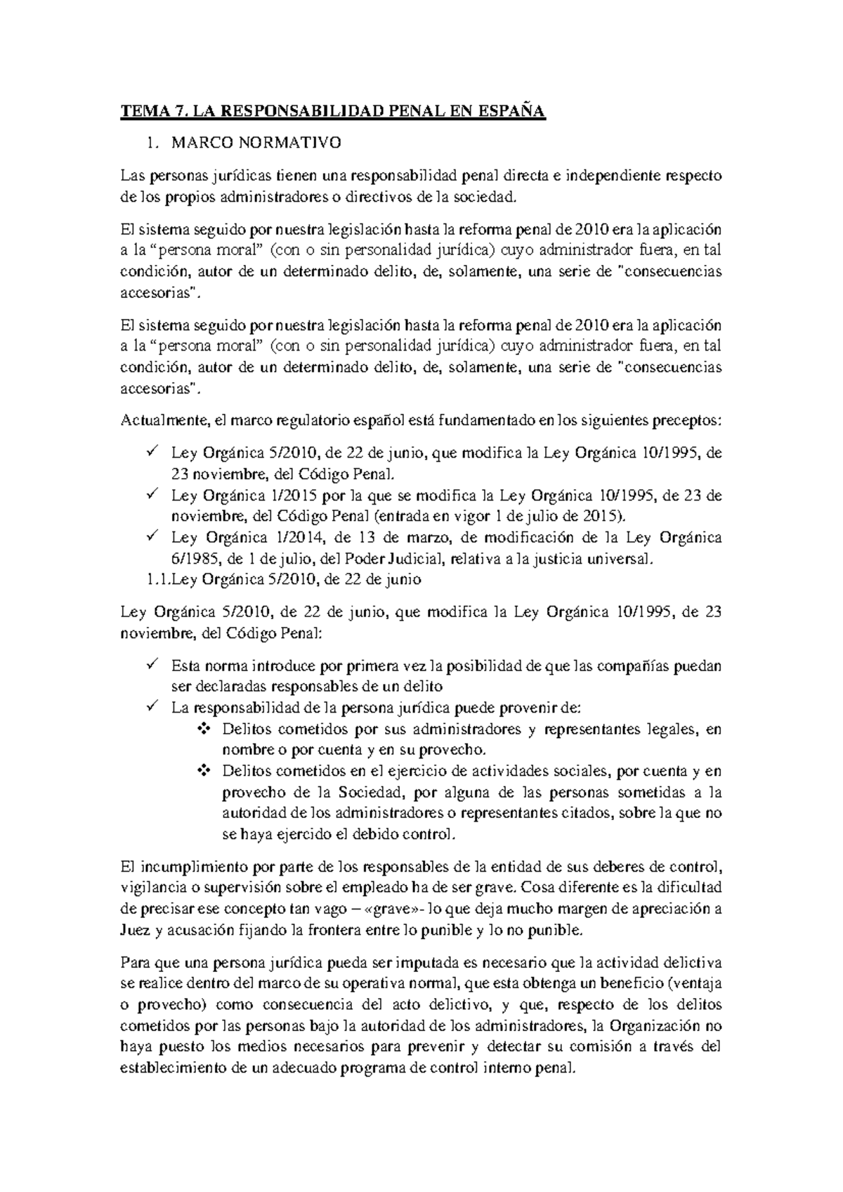 TEMA 7 RSC - presentaciones - TEMA 7. LA RESPONSABILIDAD PENAL EN ESPAÑA 1. MARCO NORMATIVO Las ...