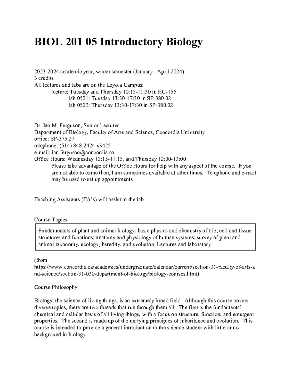 BIOL 201 05 course outline winter 2024 - BIOL 201 05 Introductory ...