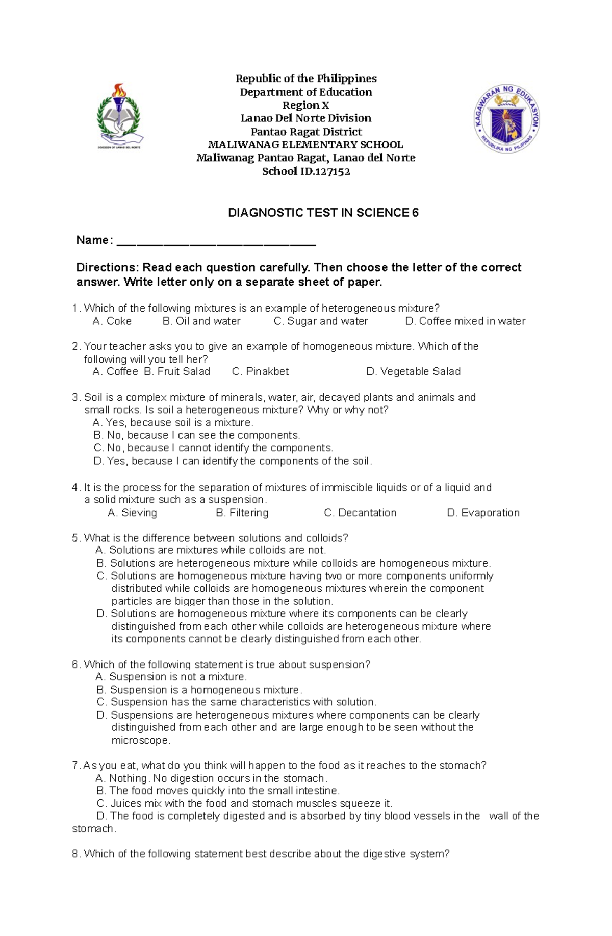 Diagnostic TEST IN Science 6 - Republic of the Philippines Department ...