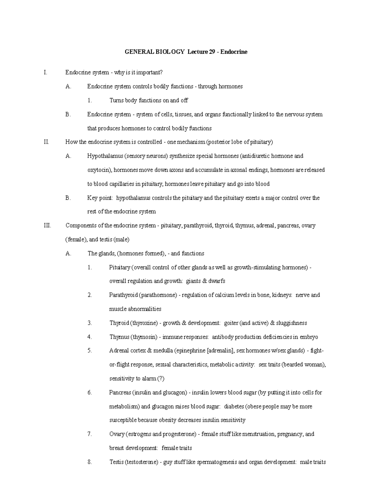 Lecture 29 Notes Biology -Endocrine - GENERAL BIOLOGY Lecture 29 ...