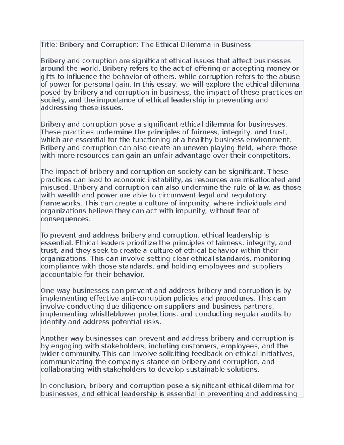 Bribery and Corruption - The Ethical Dilemma in Business - Title: Bribery and Corruption: The ...