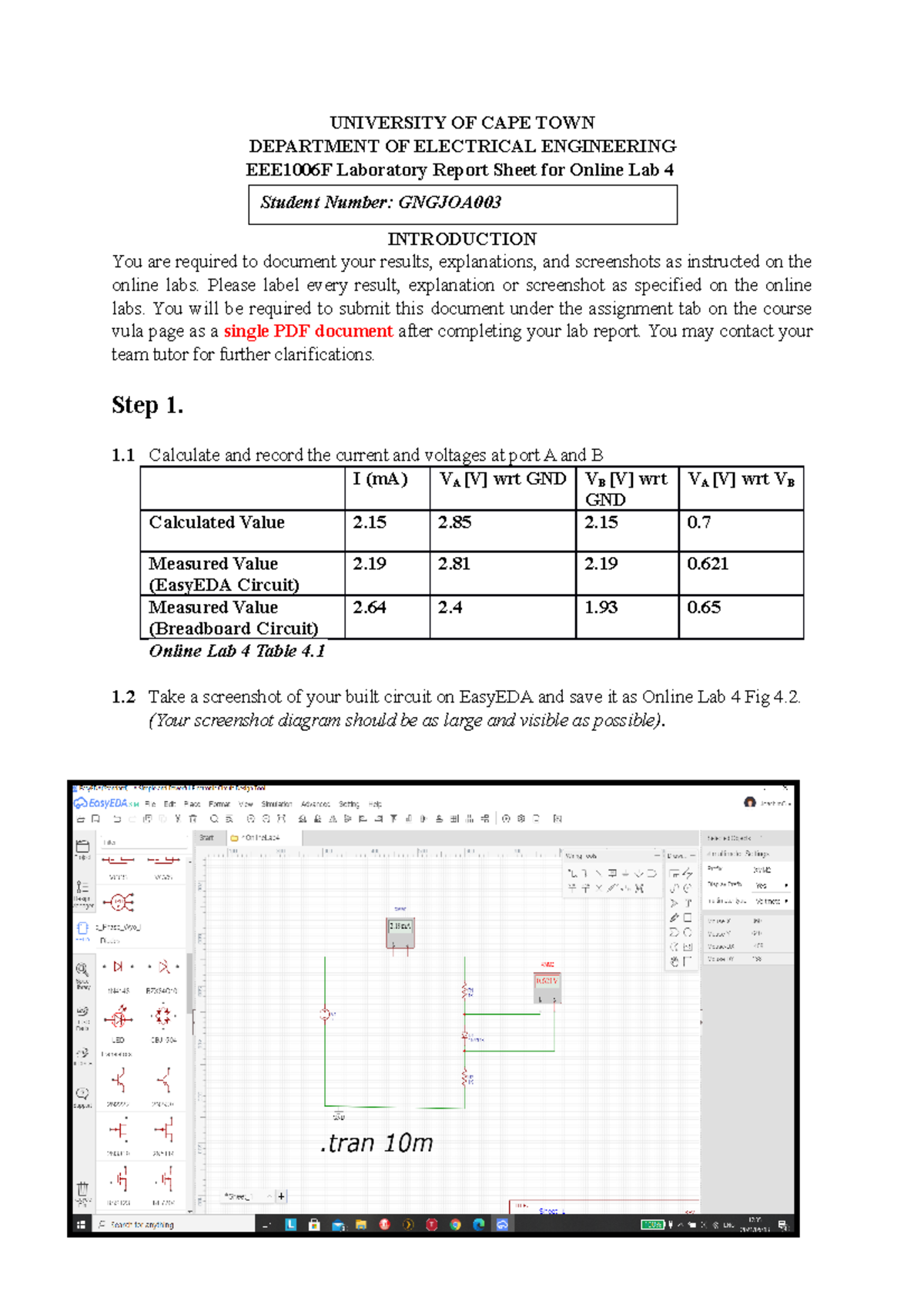 EEE1006F 2021 Online lab 4 Laboratory Report Sheet - UNIVERSITY OF CAPE ...