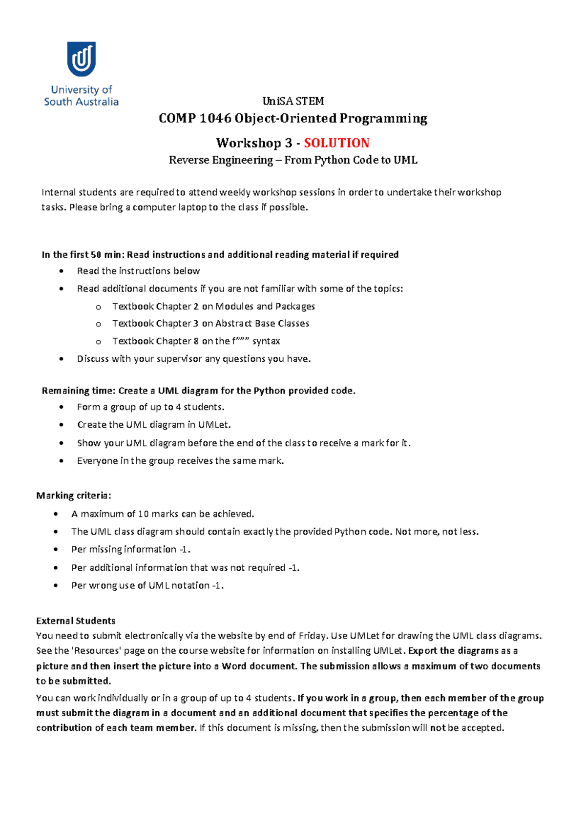 COMP 1046 WS 03 Reverse Engineering-SOL - UniSA STEM COMP 10 46 Object-Oriented Programming ...