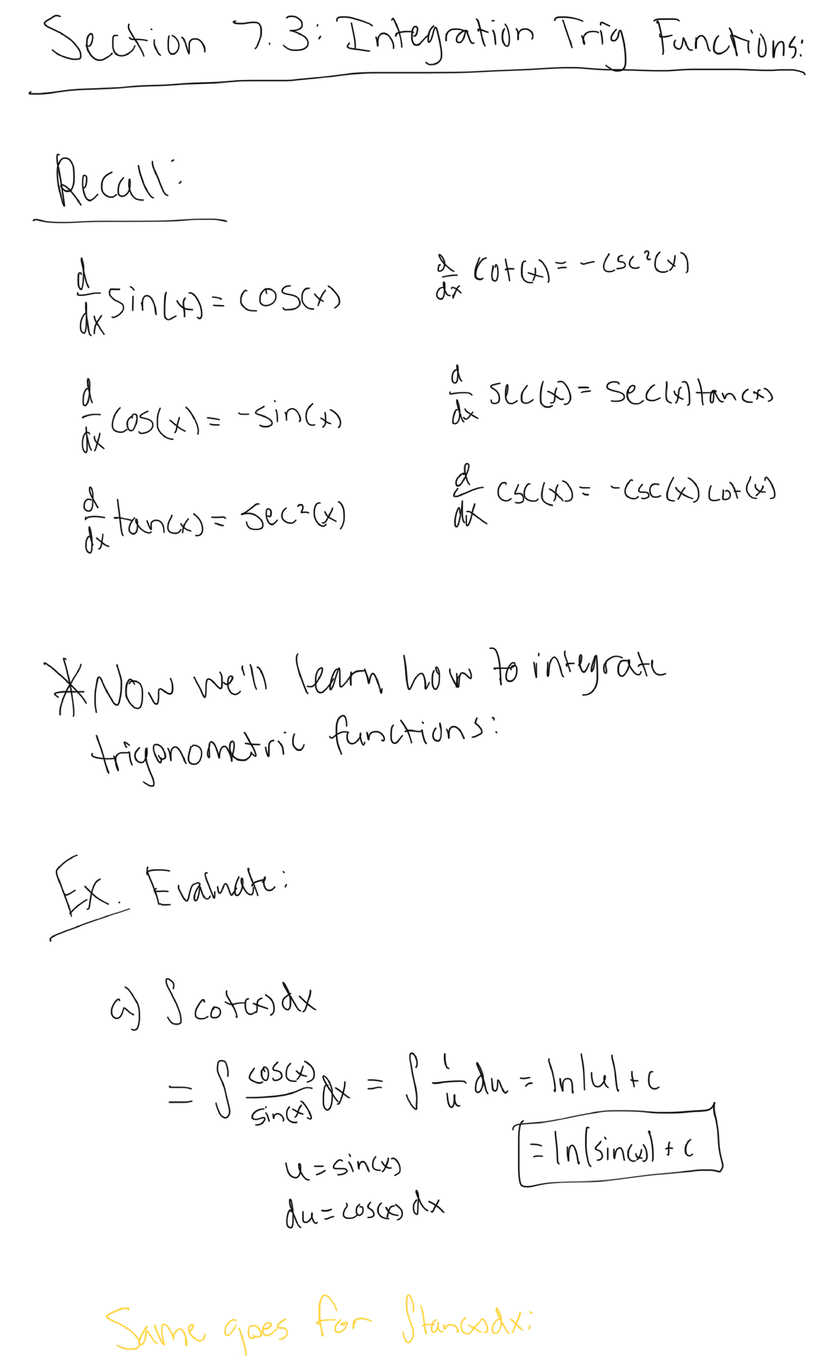 Section 7.3: Integration Trig Functions: - MATH 2323 - Studocu