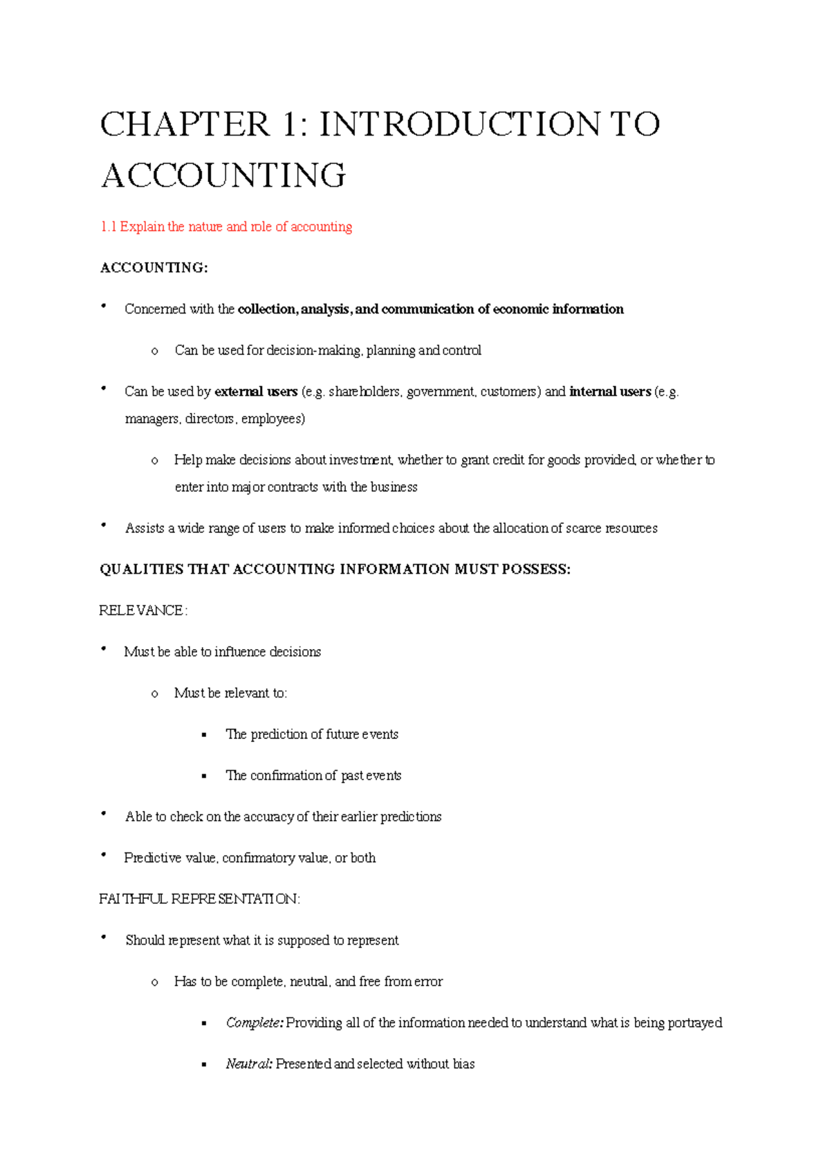 Chapter 1 notes- BUSS1030 - CHAPTER 1: INTRODUCTION TO ACCOUNTING 1 ...