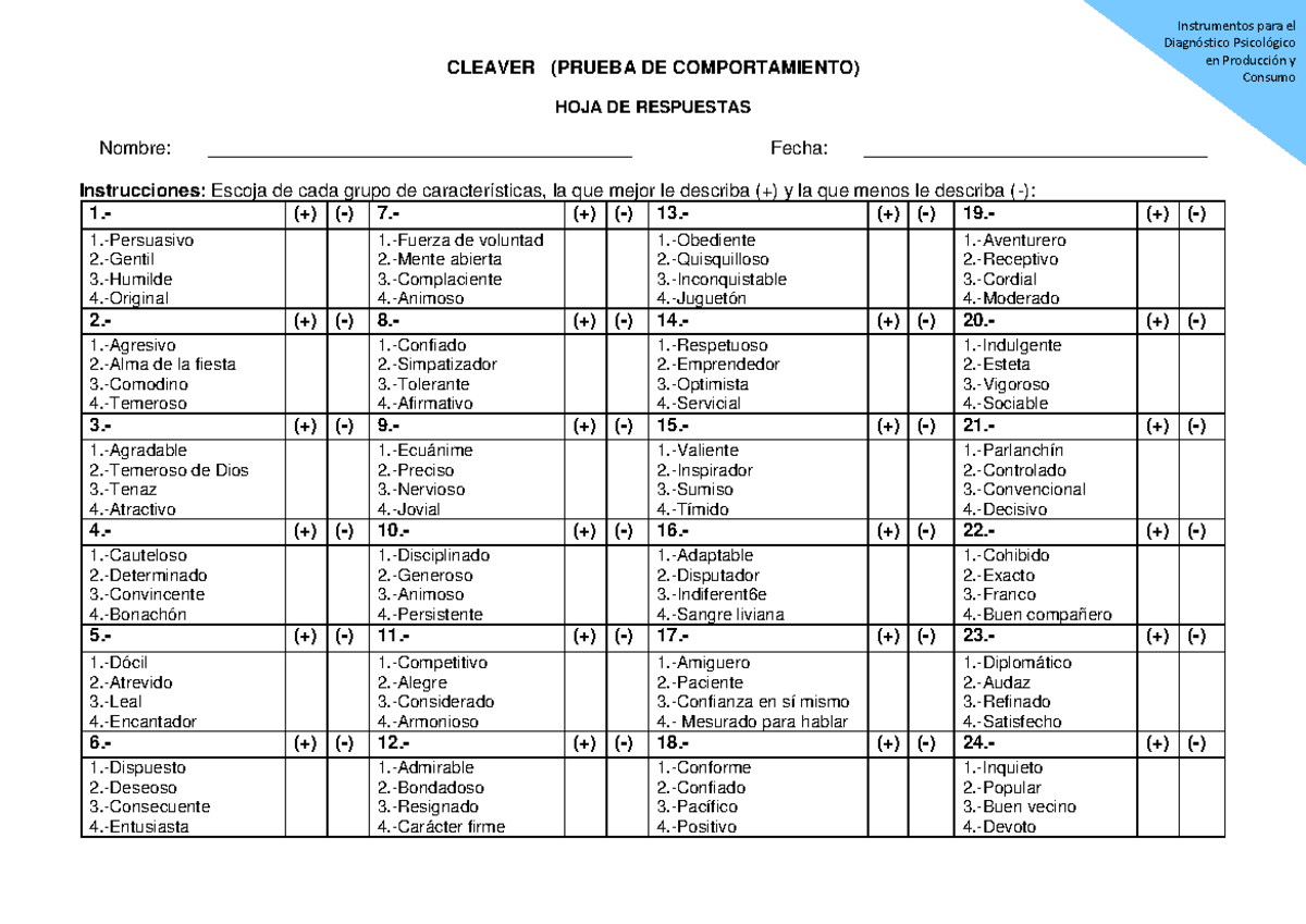 Prueba Cleaver (1) - Instrumentos para el Diagnóstico Psicológico en Producción y CLEAVER ...
