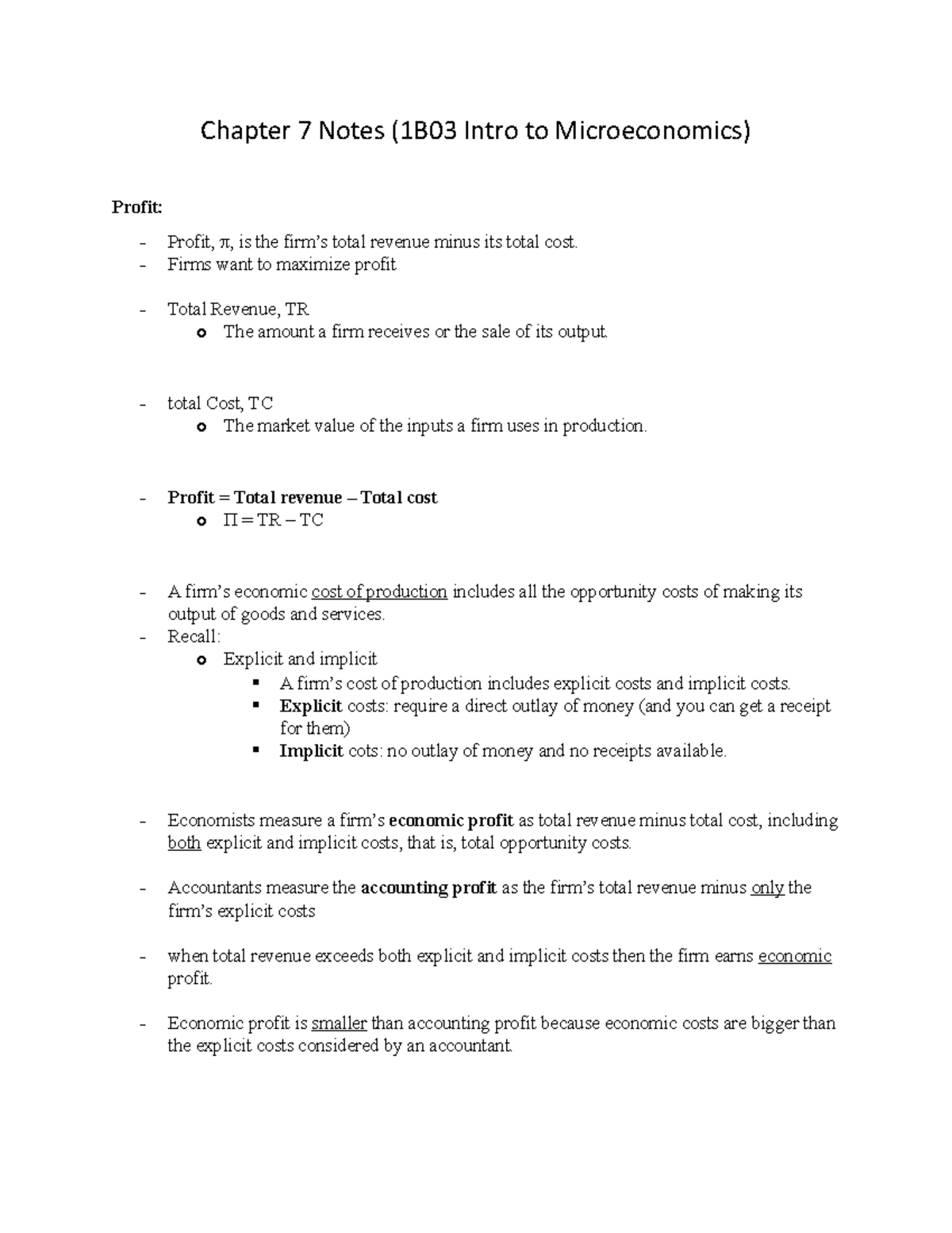 Chapter 7 Notes 1b03 Intro To Microeconomics Chapter 7 Notes 1b03