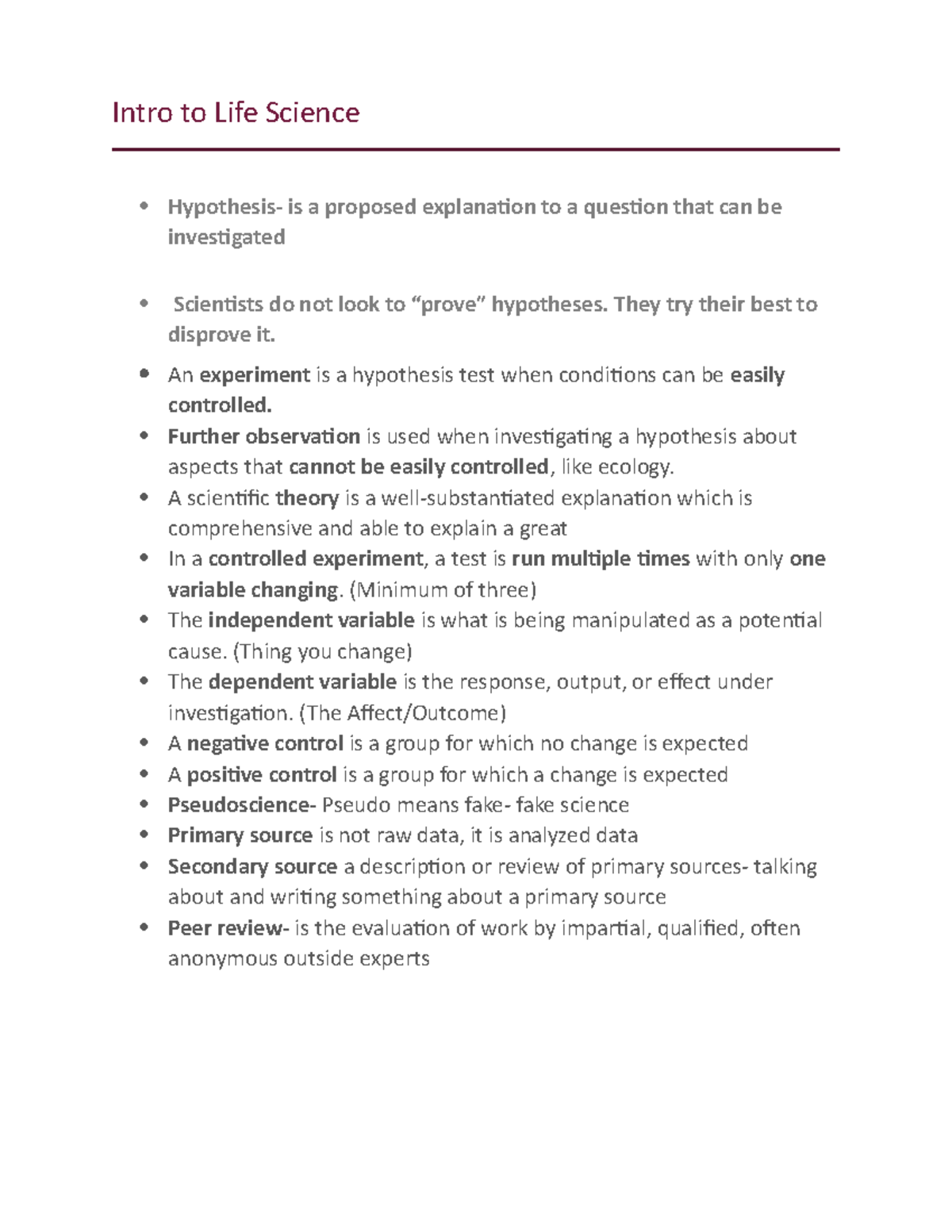 Intro to Life Science - Notes for Audrey Roberts. - Intro to Life ...