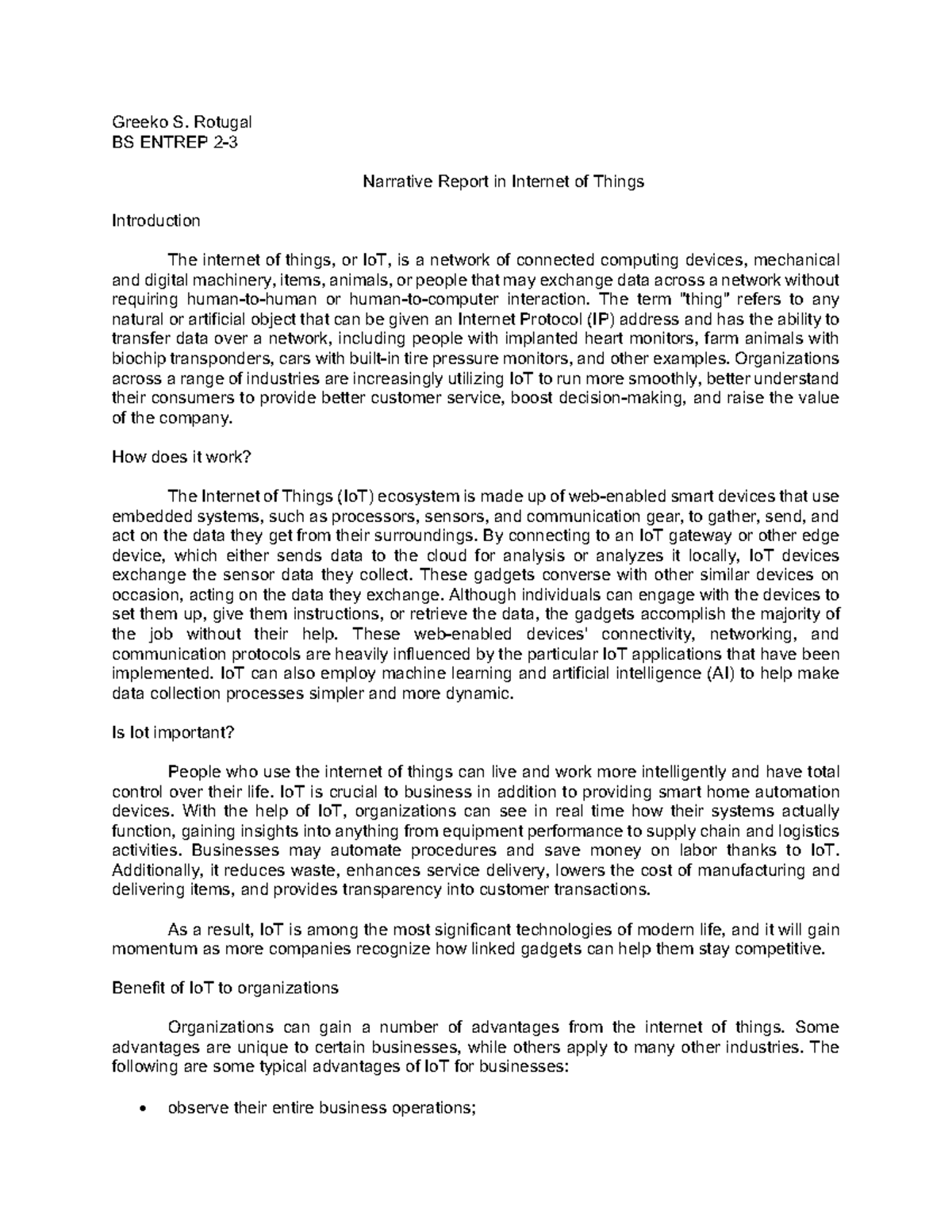 Rotugal Narrative-Report Internet-of-Things - Greeko S. Rotugal BS ...