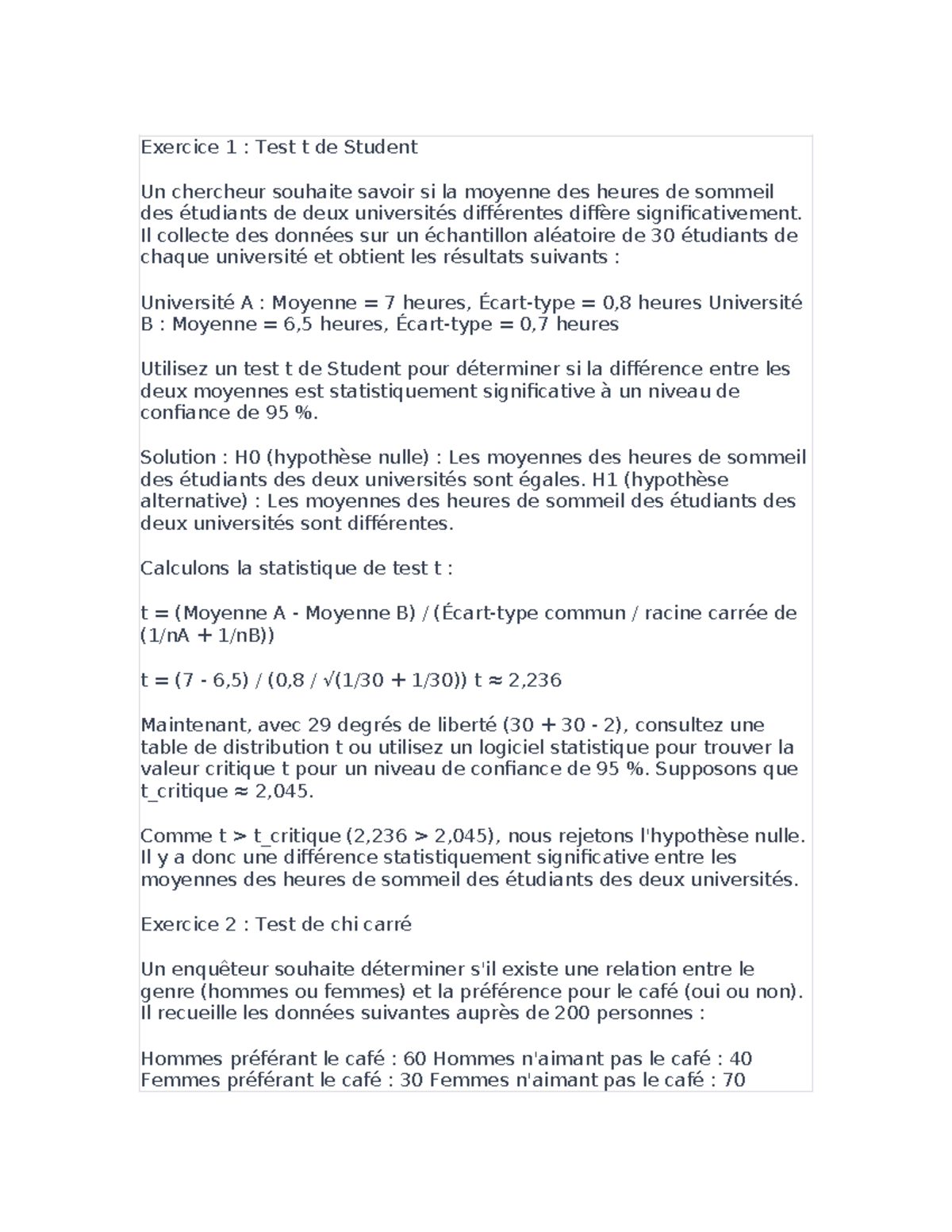 Test hypo2 - exo corrigé tests statistiques - Exercice 1 : Test t de ...