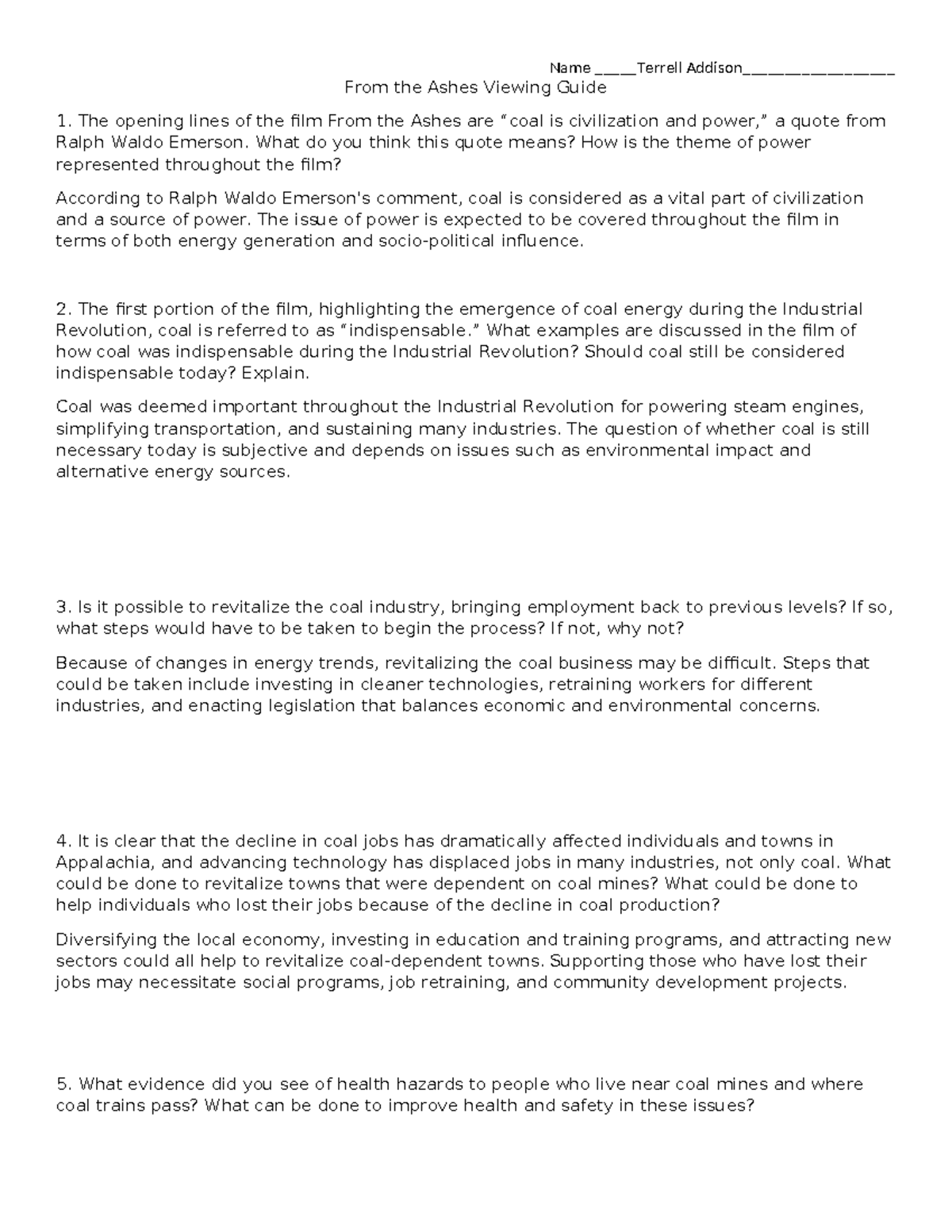 Copy of From the Ashes Viewing Guide - Name Terrell Addison ...