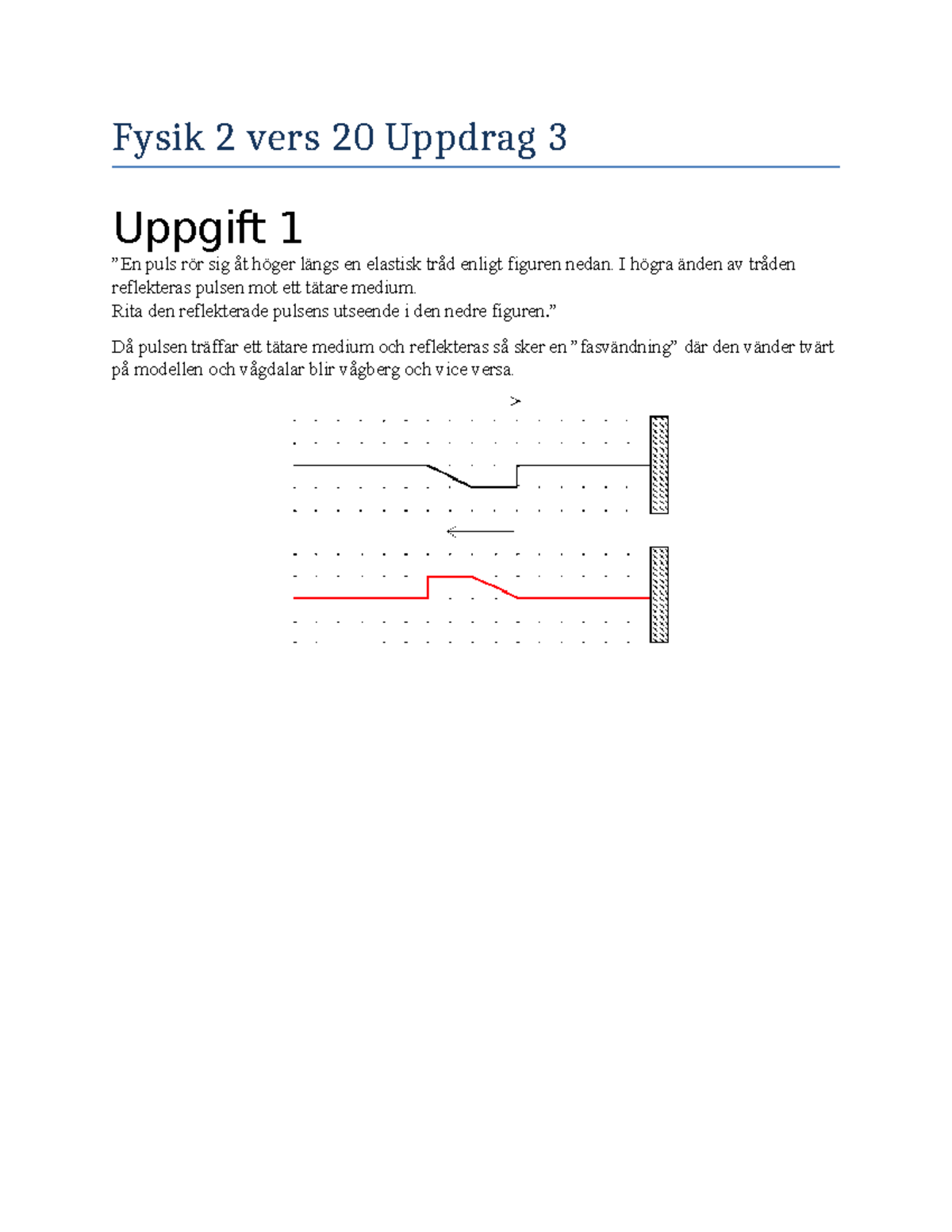 Fysik 2 Uppdrag 3 - Fysik 2 vers 20 Uppdrag 3 Uppgift 1 ”En puls rör sig åt höger längs en ...