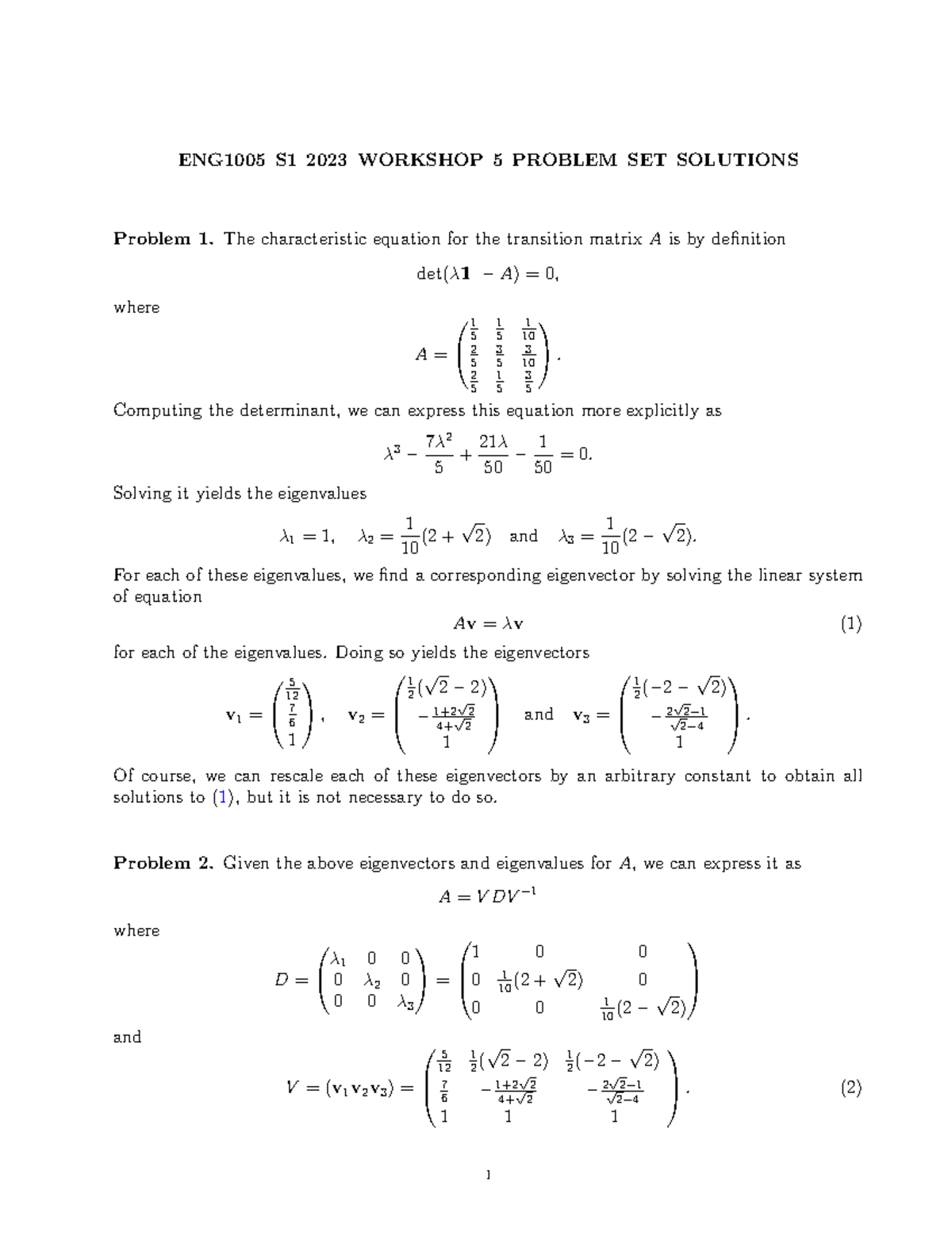 Multivariable calculus I - ENG1005 S1 2023 WORKSHOP 5 PROBLEM SET SOLUTIONS Problem 1. The - Studocu