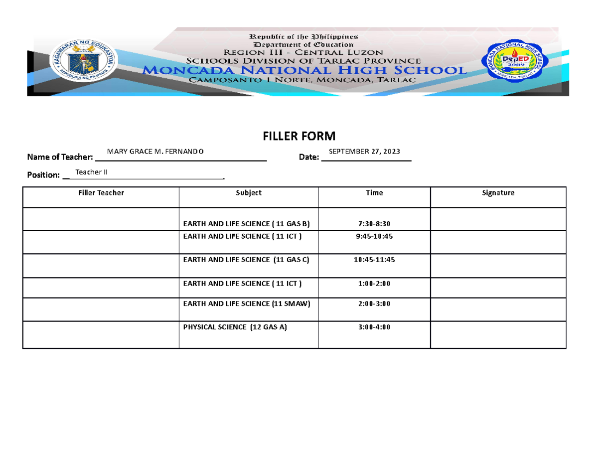 Filler-1 - filler form - FILLER FORM Name of Teacher