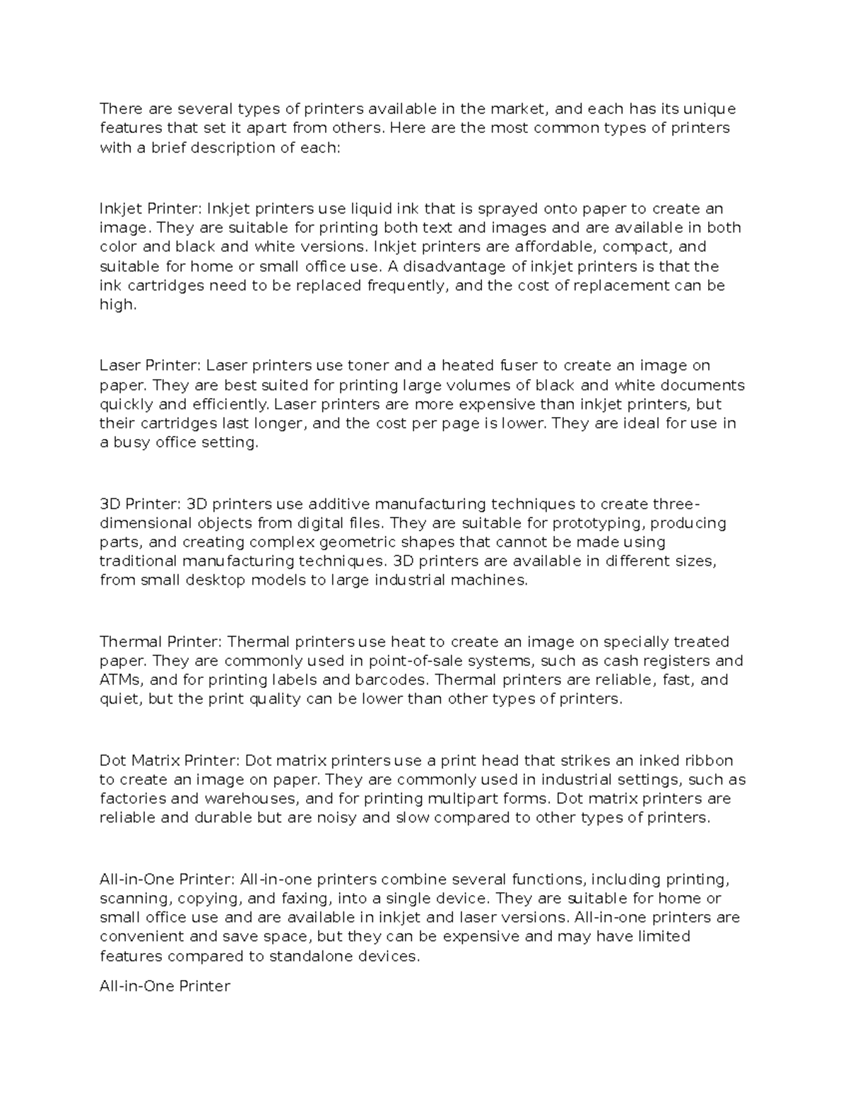 Document - assignment - There are several types of printers available ...