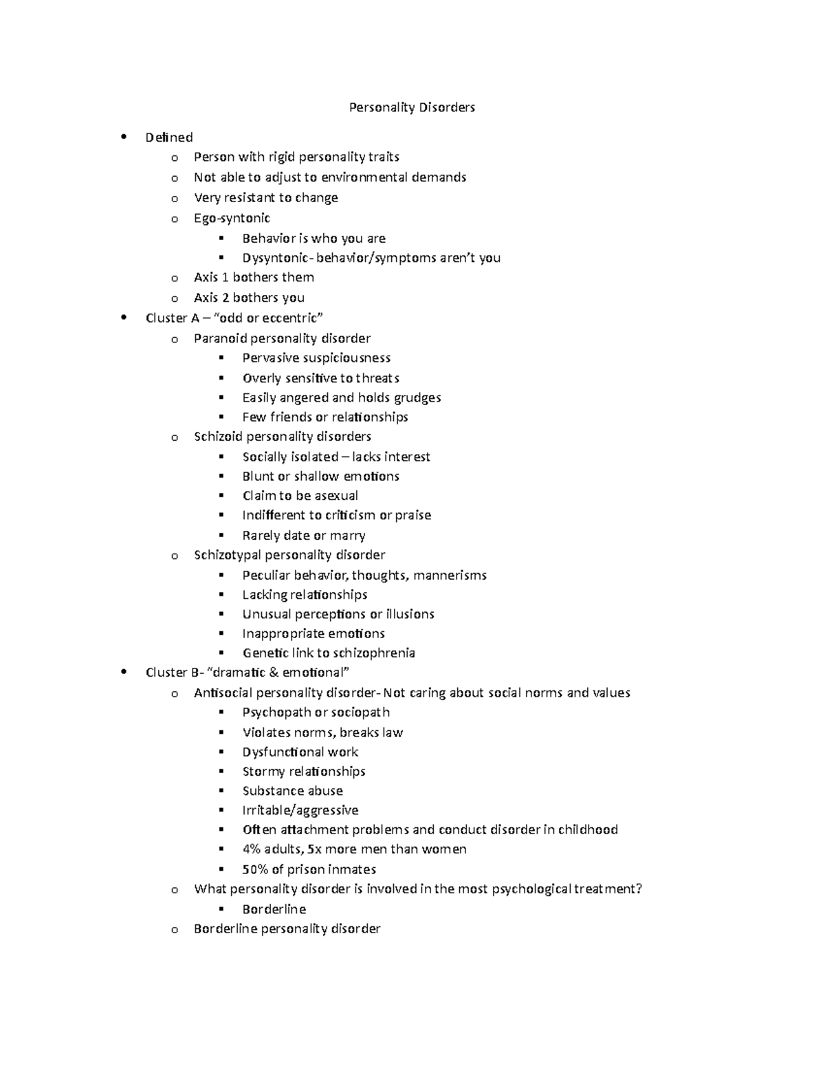 Personality Disorders notes - Personality Disorders Defined o Person ...
