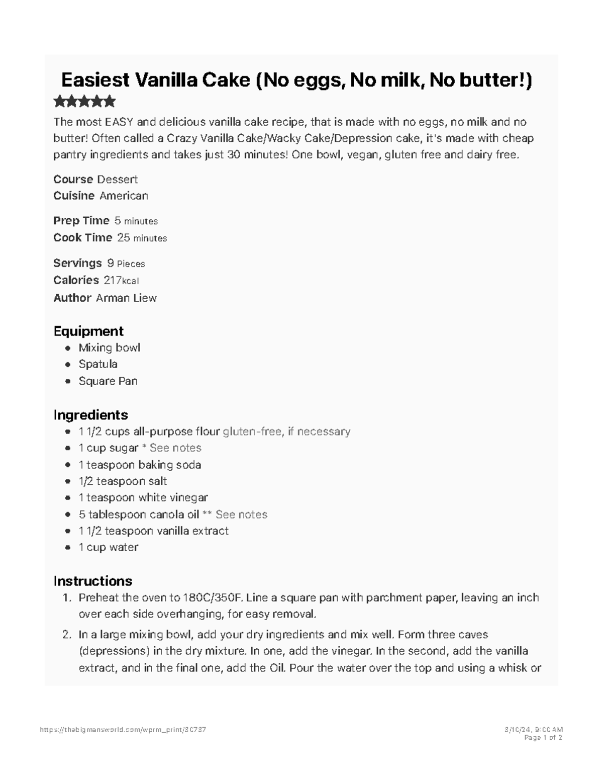 Easiest Vanilla Cake (No eggs, No milk, No butter) - The Big Man's ...