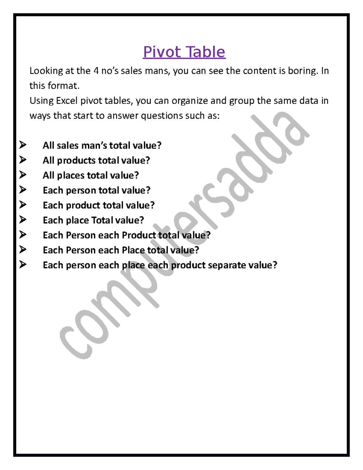 Pivot Table Questions - Pivot Table Looking at the 4 no’s sales mans ...