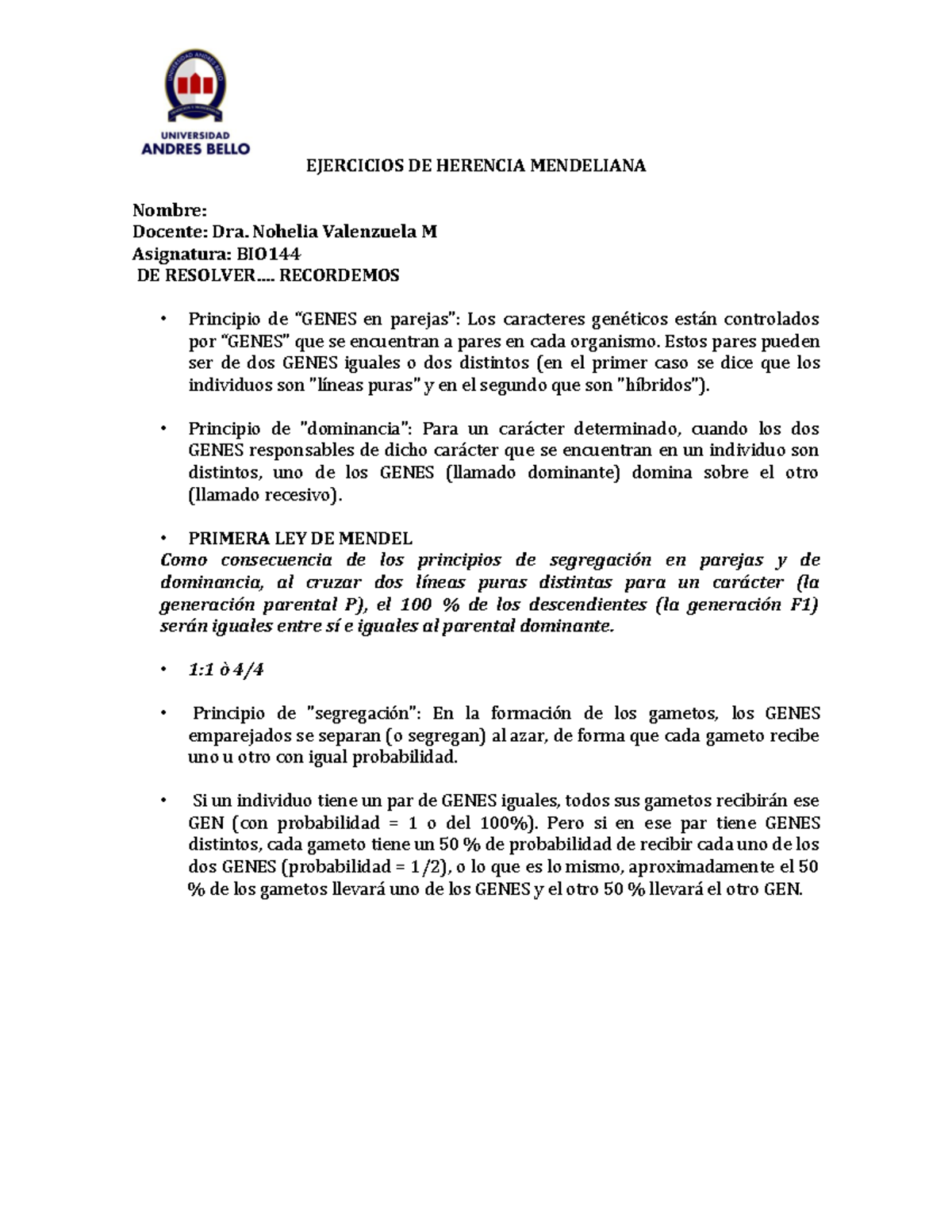 Ejercicios Mendel 2023 BIO144 - EJERCICIOS DE HERENCIA MENDELIANA ...