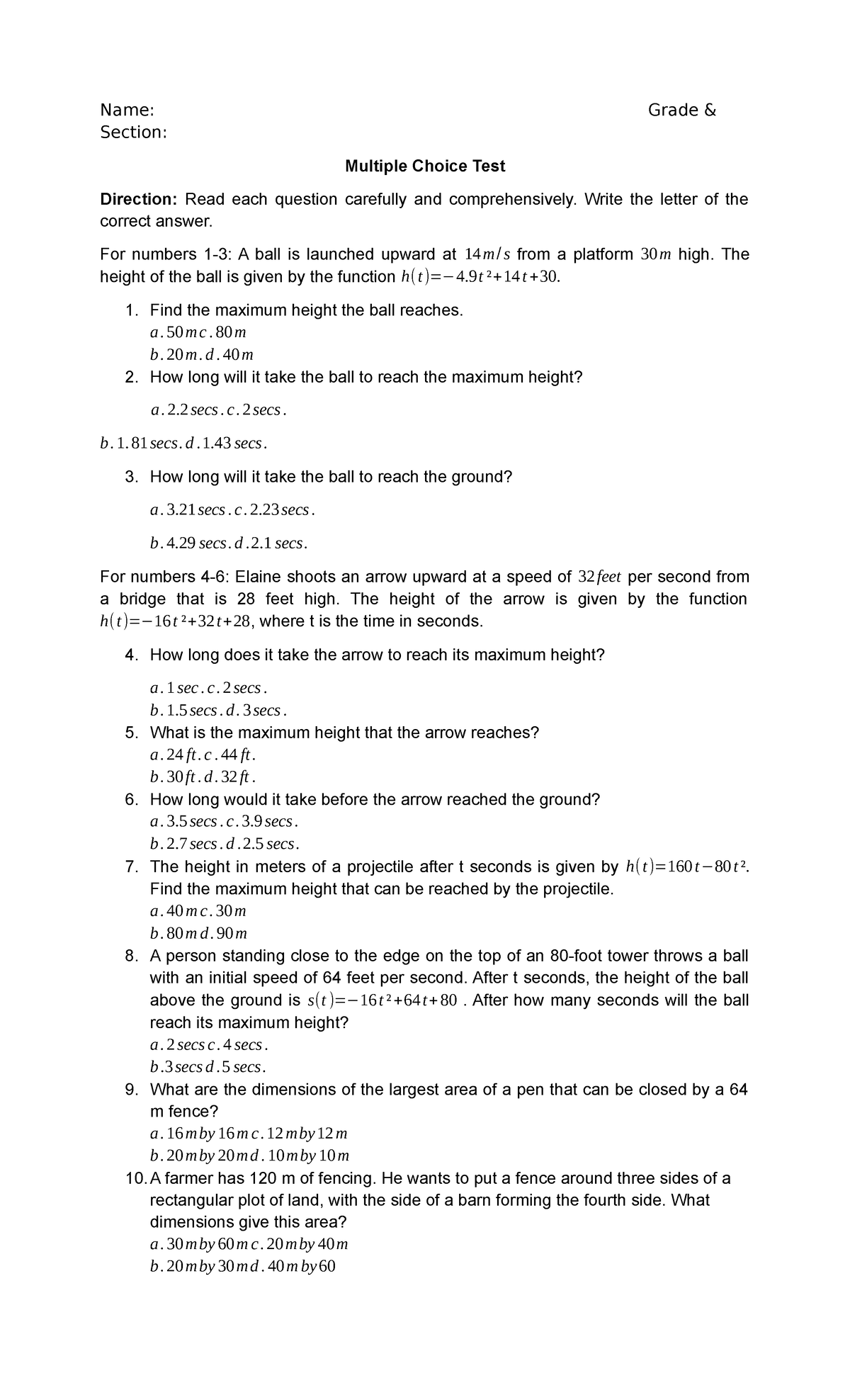 TQS - Welcome - Name: Grade & Section: Multiple Choice Test Direction ...