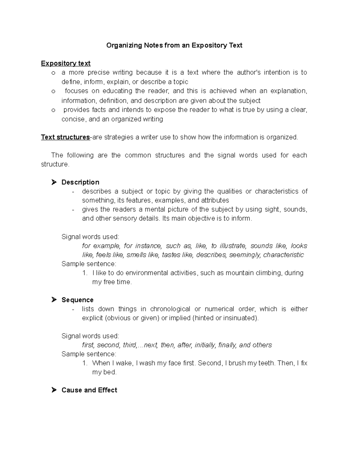 Organizing Notes from an Expository Text - Organizing Notes from an ...