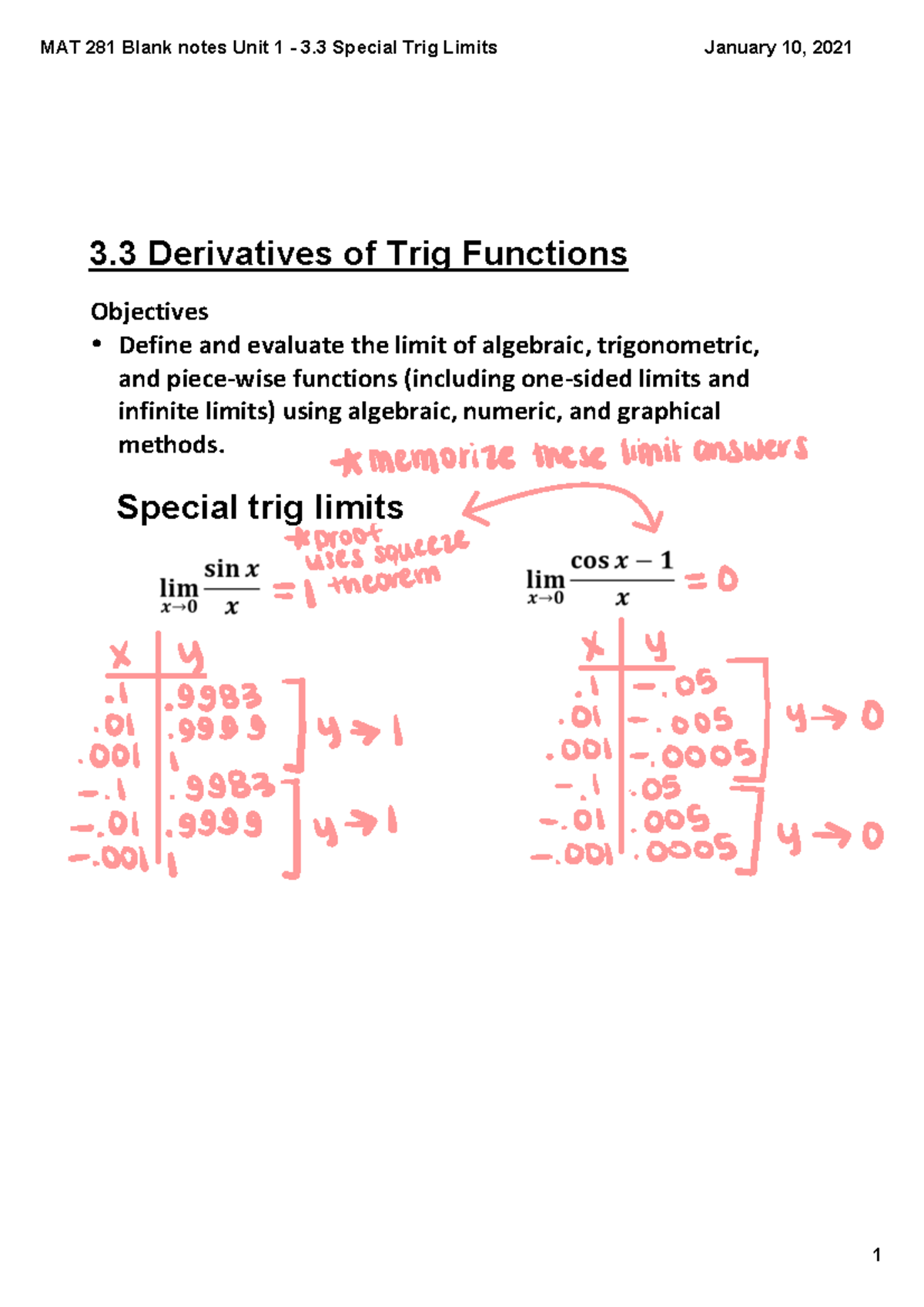 3.3 Special Trig Limits - MAT 281 Blank notes Unit 1 ­ 3 Special Trig ...