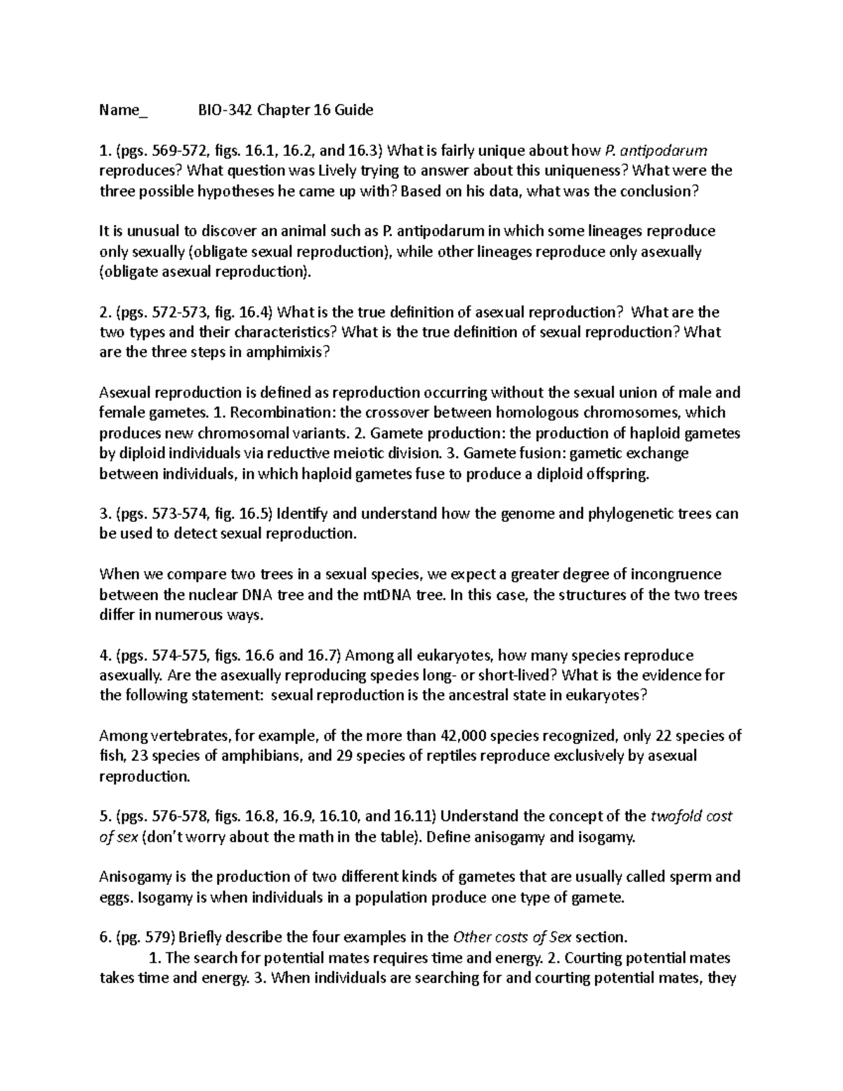 Bio342 CH16 Guide lecture notes - Name_ BIO-342 Chapter 16 Guide (pgs ...