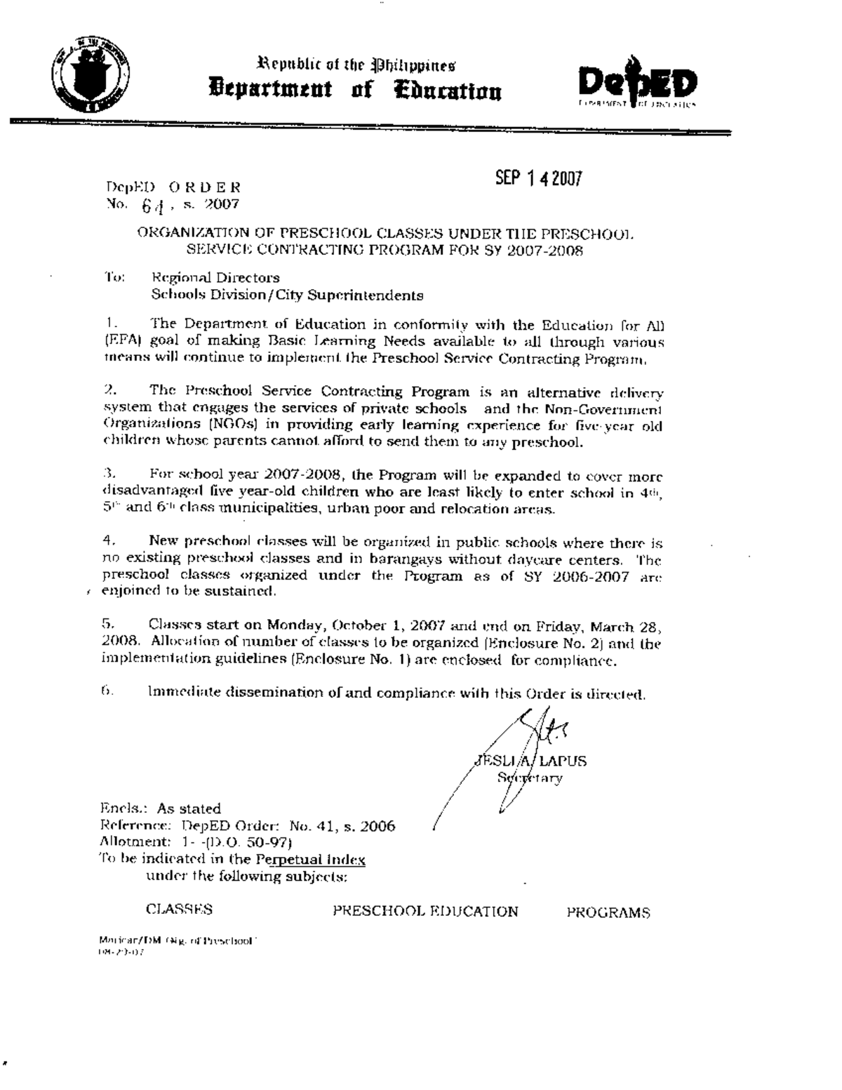 Organization OF Preschool Classes Under THE Preschool Service