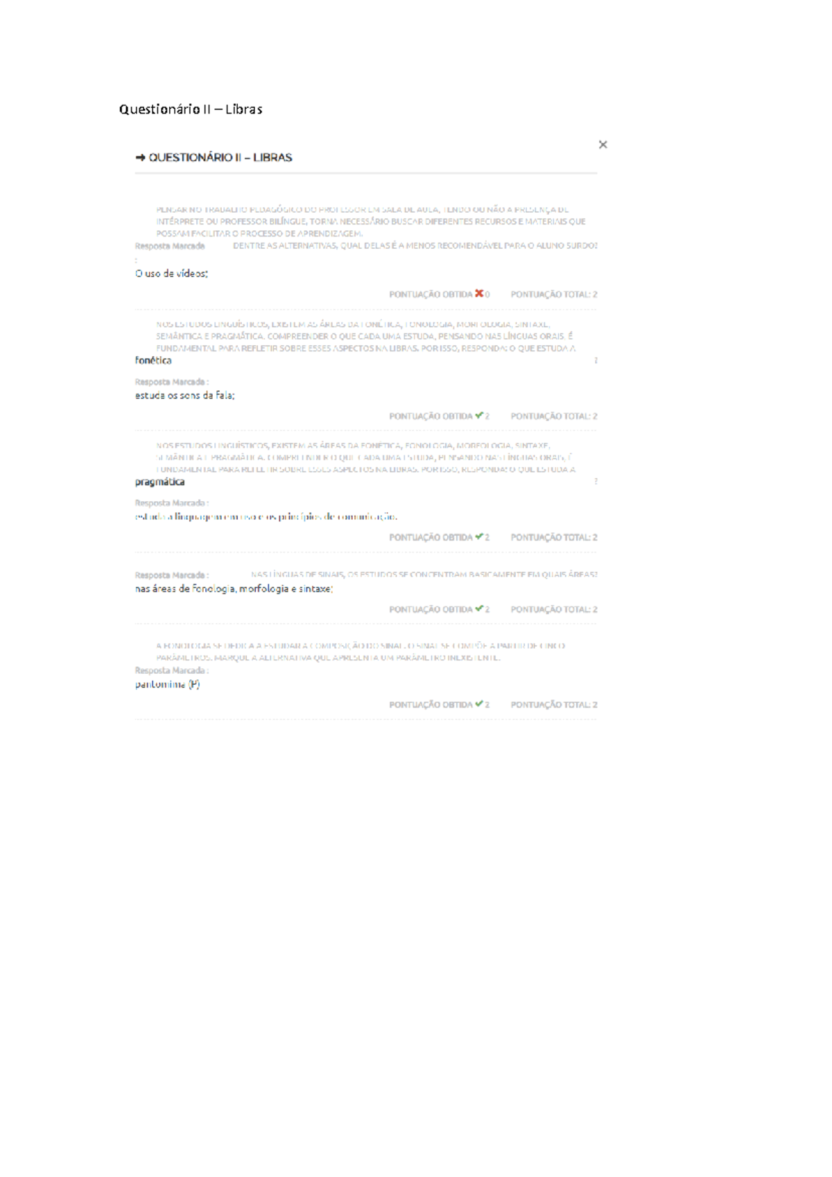 Questionário II - Libras - Língua Brasileira de Sinais - Libras - Studocu