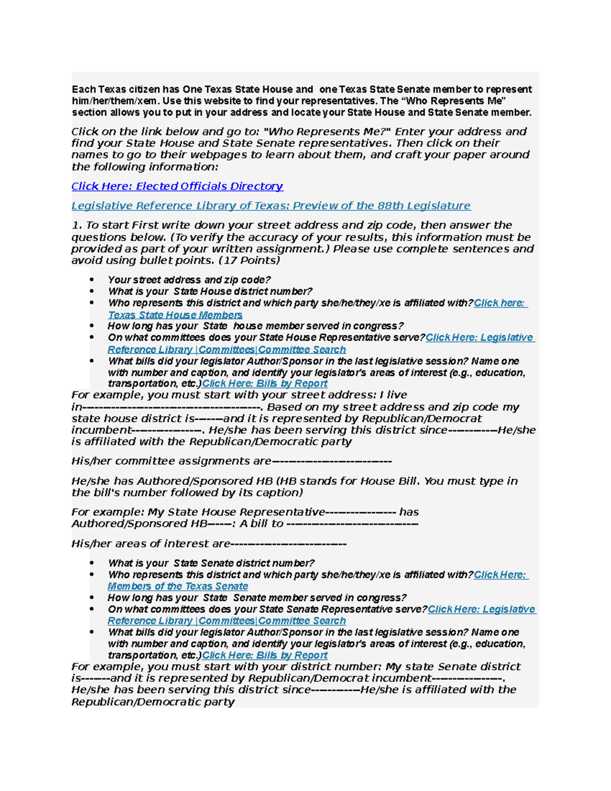 Each Texas citizen has One Texas State House and - Use this website to ...