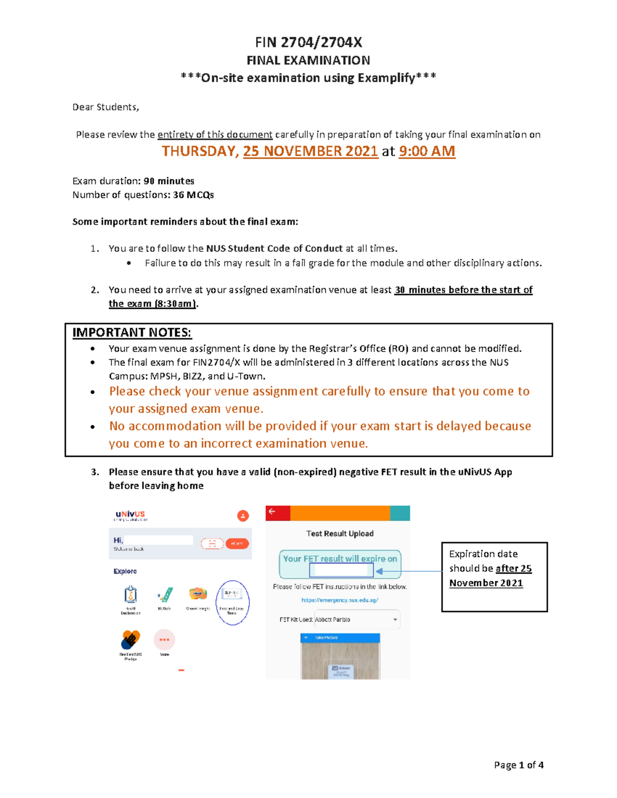 Students - 2021 22 Sem 1 Final EXAM Instructions 081121 - FIN 2704/2704X FINAL EXAMINATION On ...