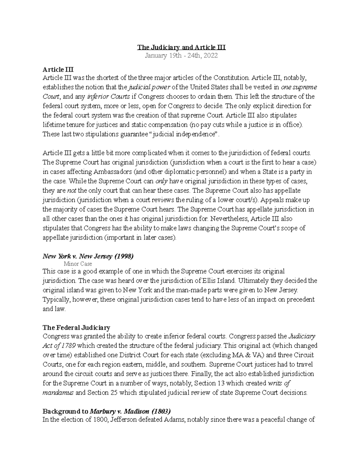 PLSC 471 Notes- The Judiciary - The Judiciary and Article III January ...