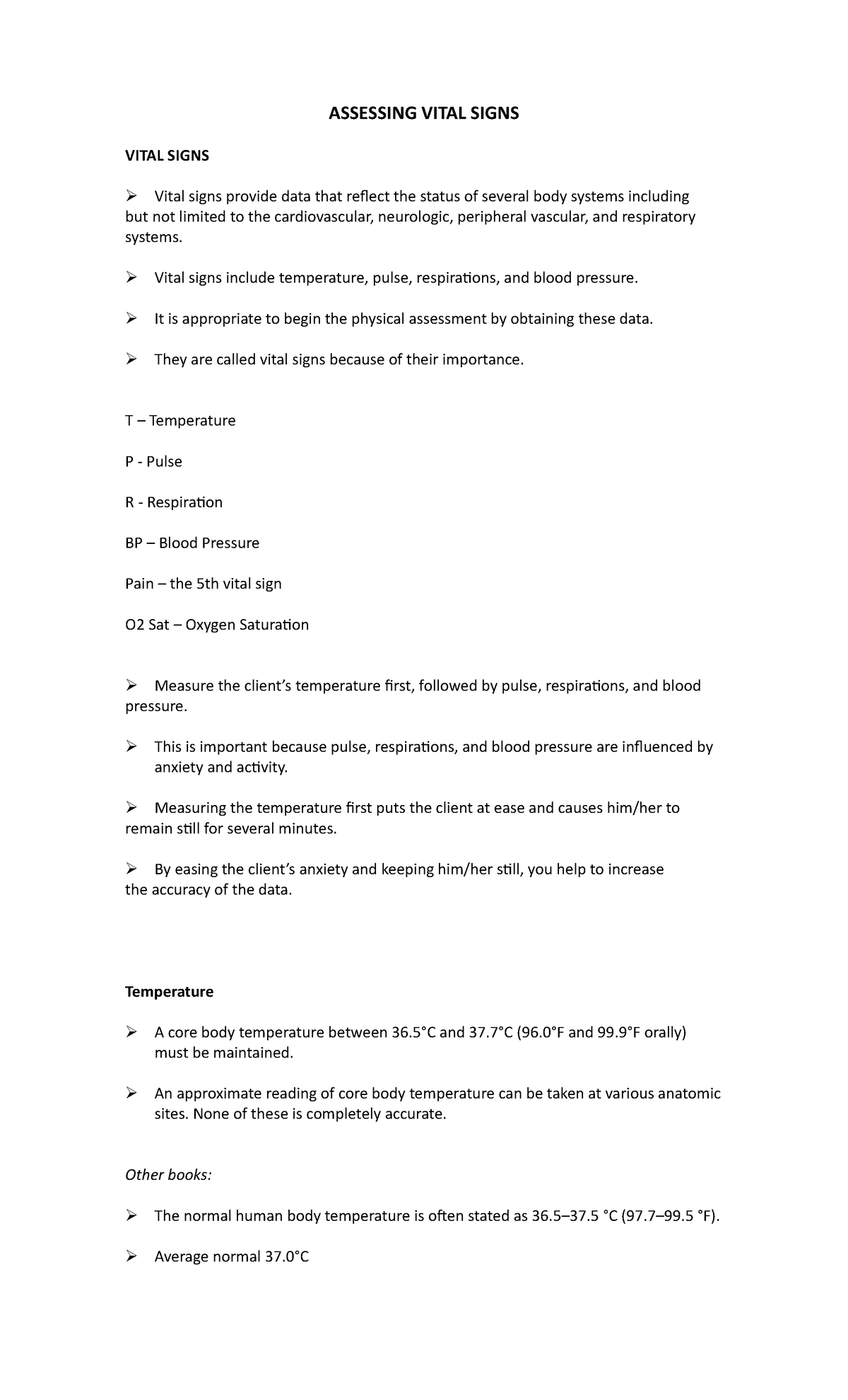 Assessing Vital Signs - study notes - ASSESSING VITAL SIGNS VITAL SIGNS ...