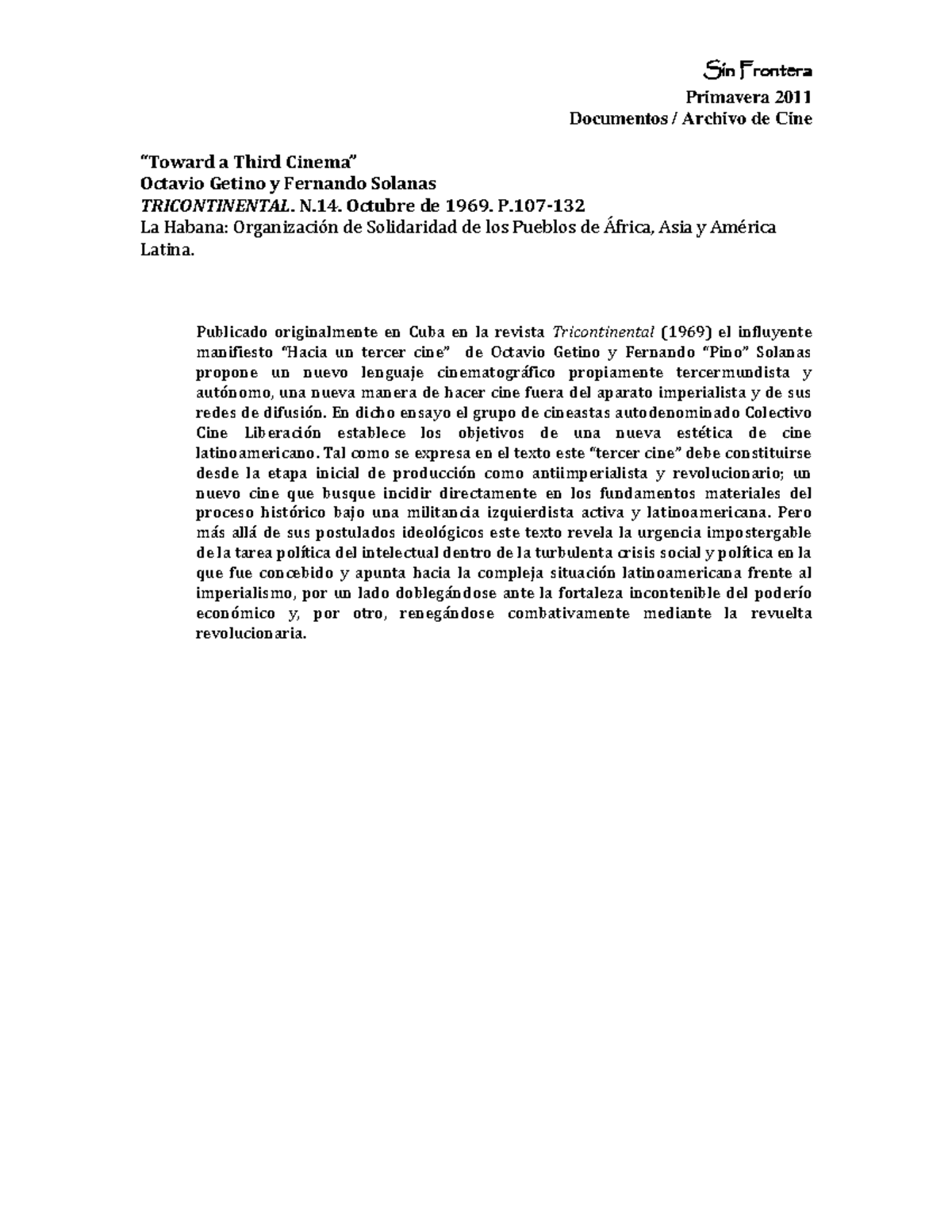 Third Cinema Manifesto - Getino Solanas-1969 - Sin Frontera Primavera ...