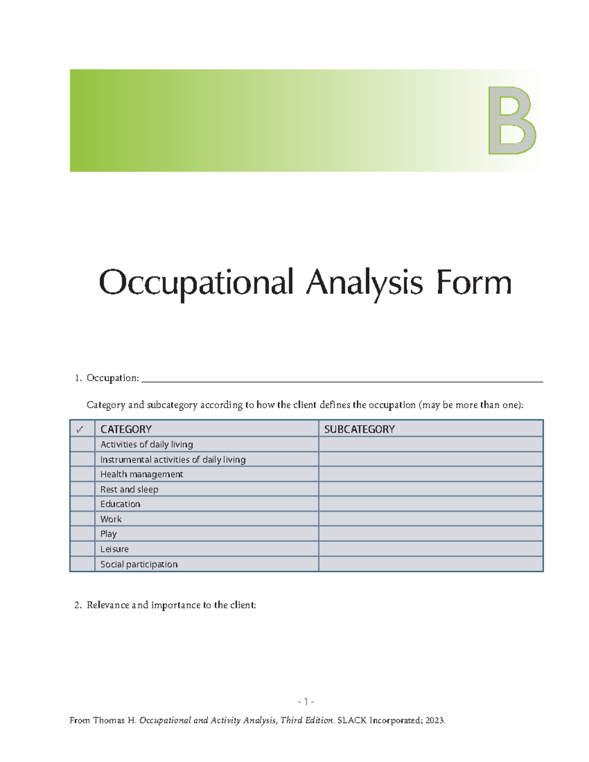Tb ot aa form - OT aa ex form - Occupational Analysis Form 1 - B 1 ...