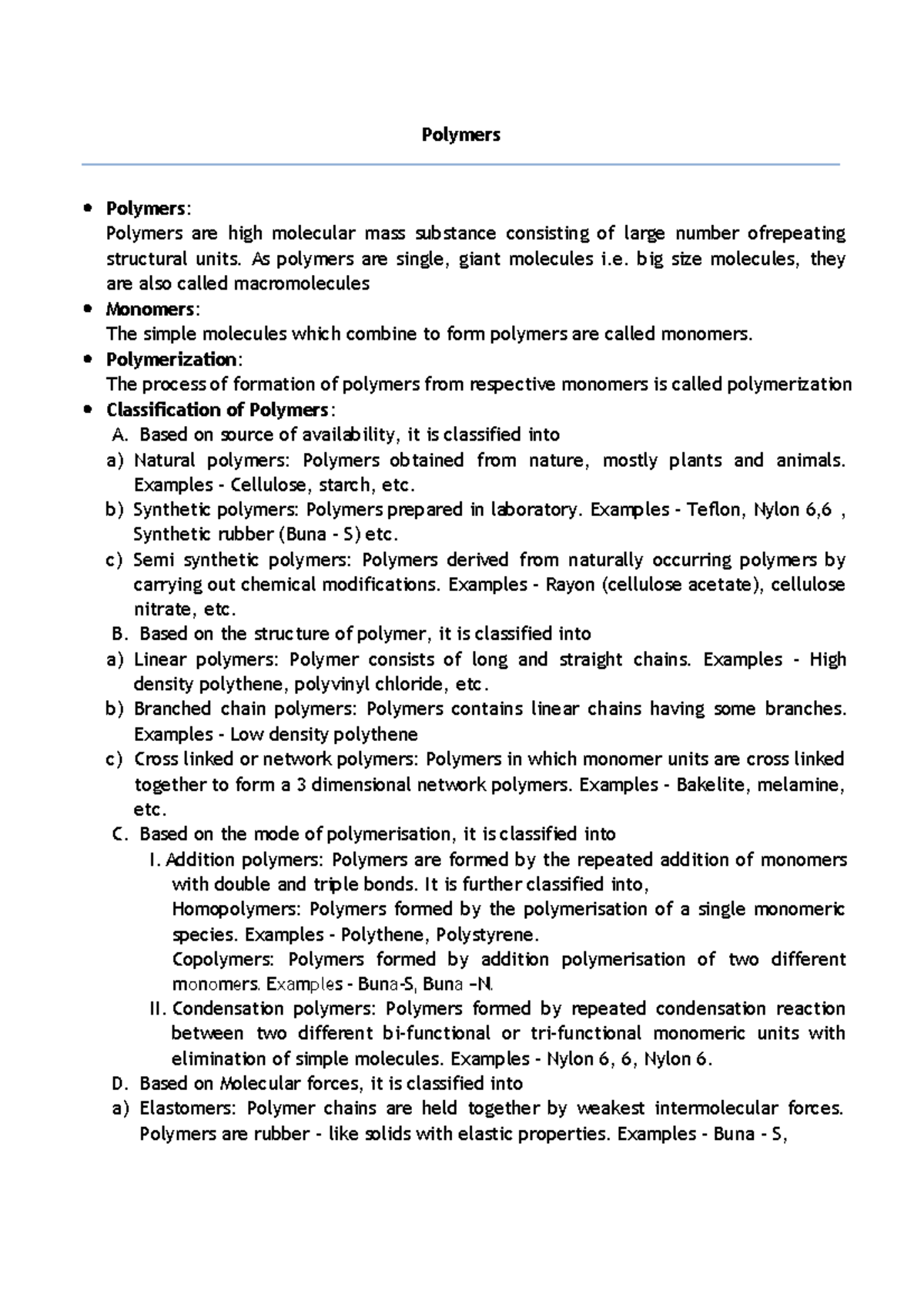 Chemistry notes ch15 polymers - Polymers Polymers: Polymers are high ...