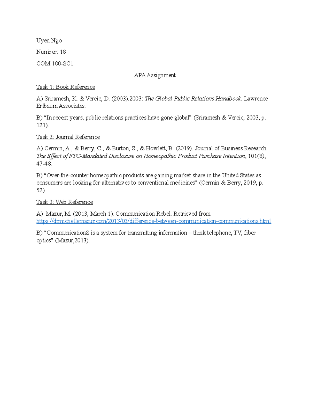 APA Assignment - rrrrr - Uyen Ngo Number: 18 COM 100-SC APA Assignment ...