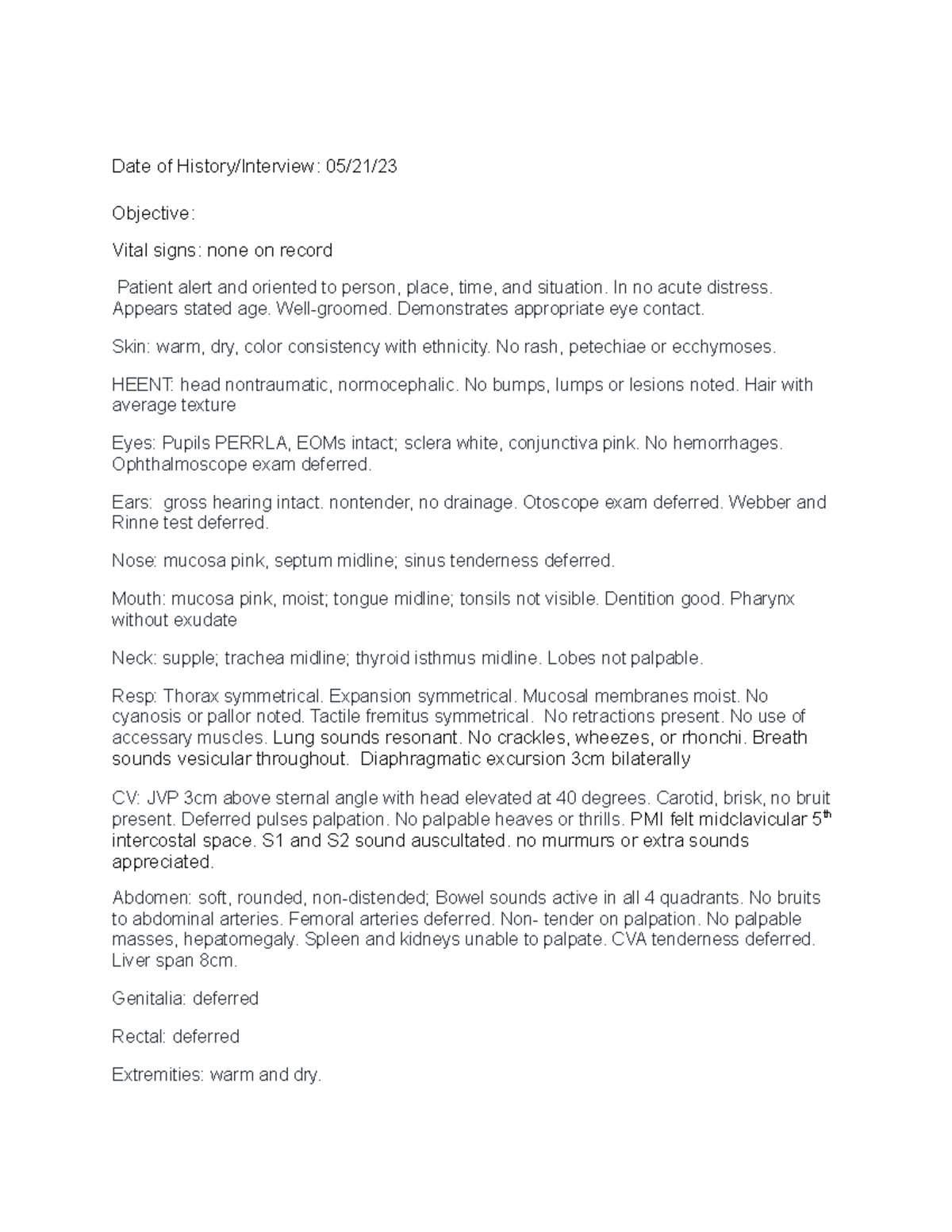 Pereztellez objective part of SOAP note - Date of History/Interview: 05 ...