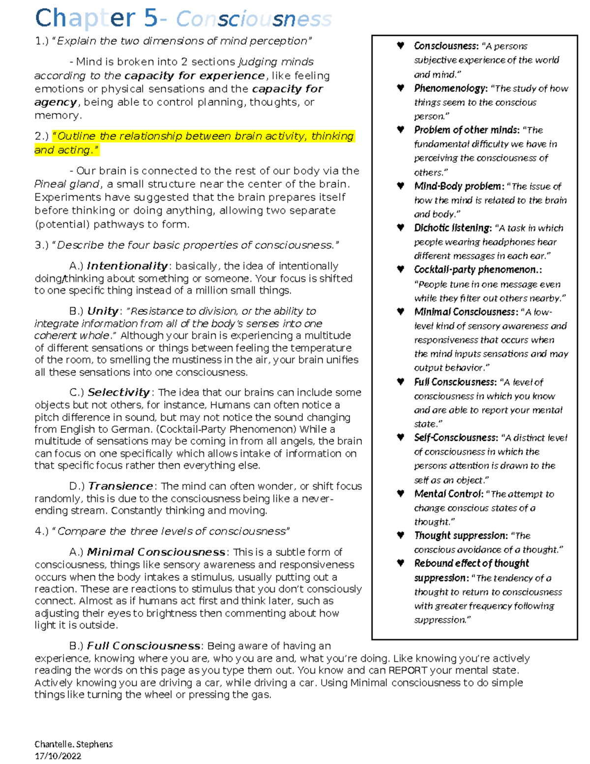 Chapter 5 - Consiousness - 1.) “Explain the two dimensions of mind ...