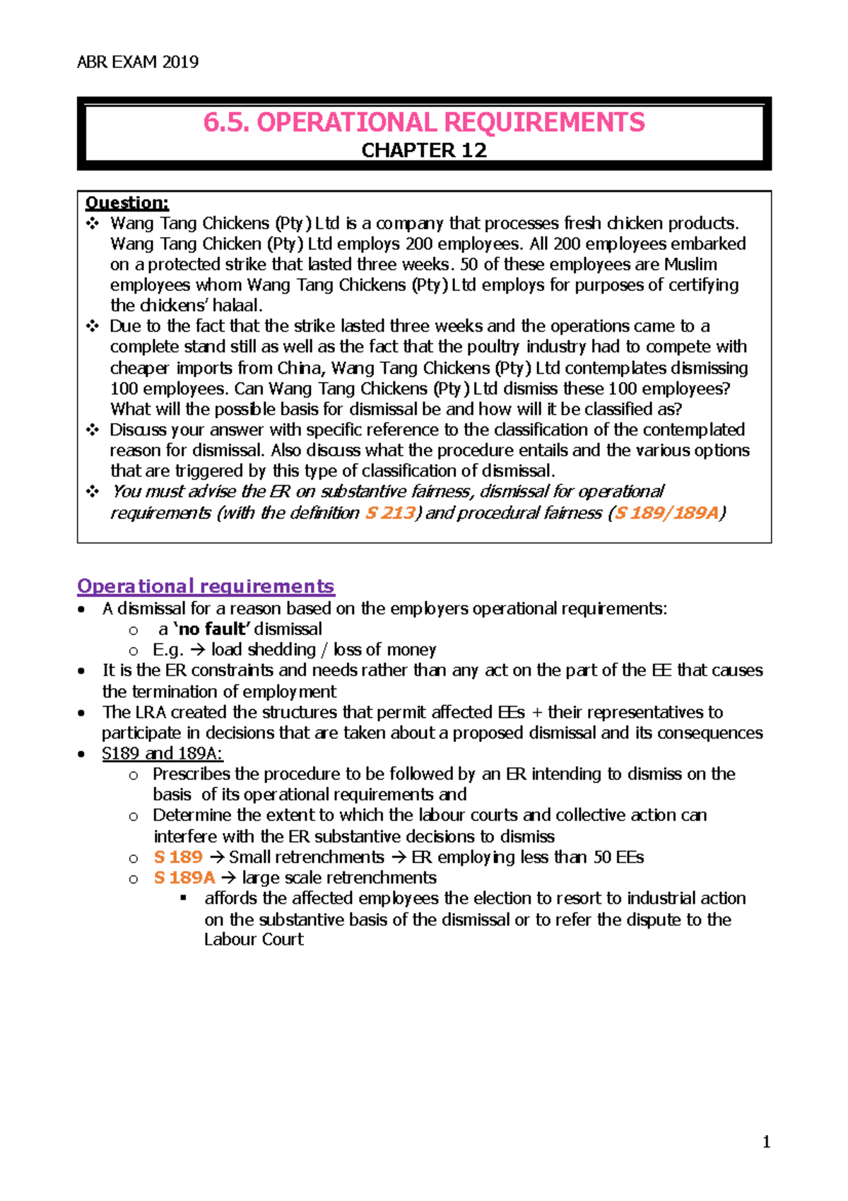 Operational Requirements - ABR EXAM 2019 Question: Wang Tang Chickens ...