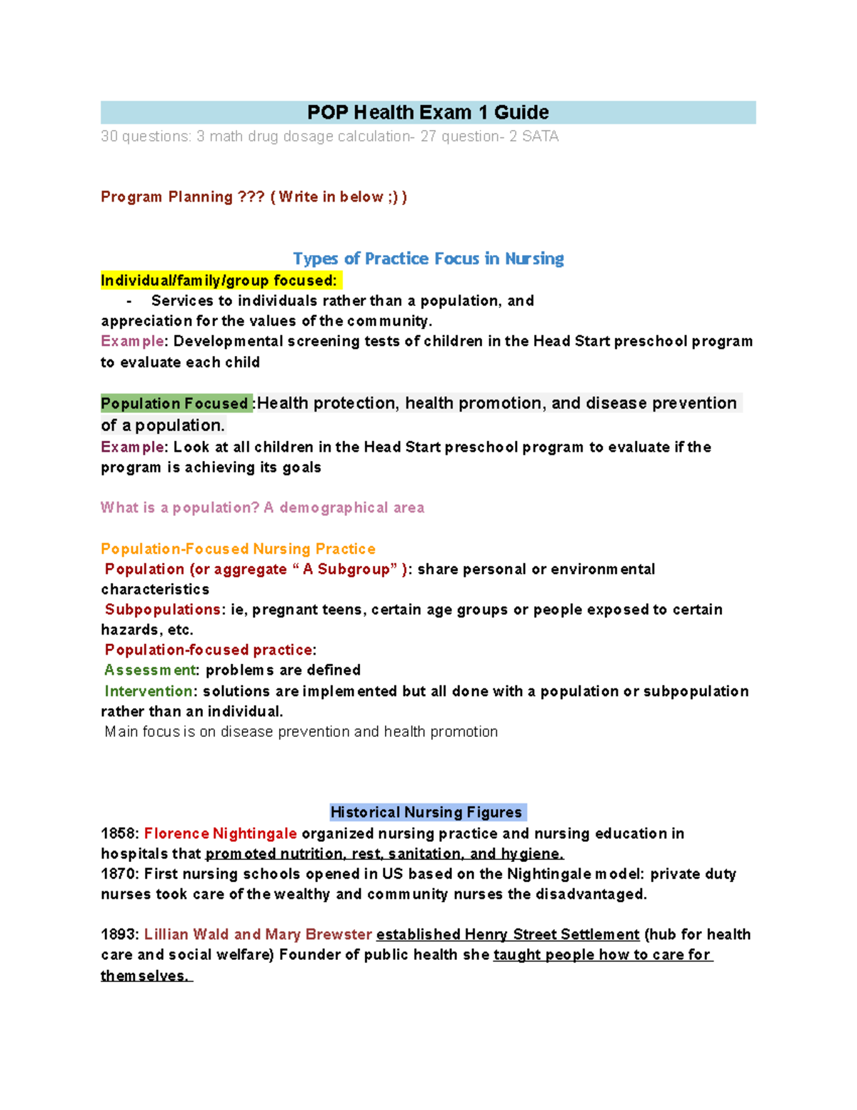 POP Health Guide 1 - POP Health Exam 1 Guide 30 questions: 3 math drug ...