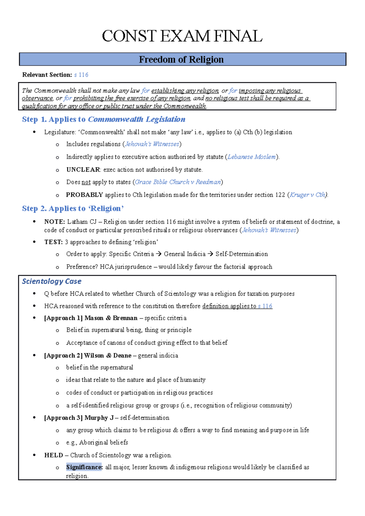 Const Exam Notes - CONST EXAM FINAL Freedom of Religion Relevant ...