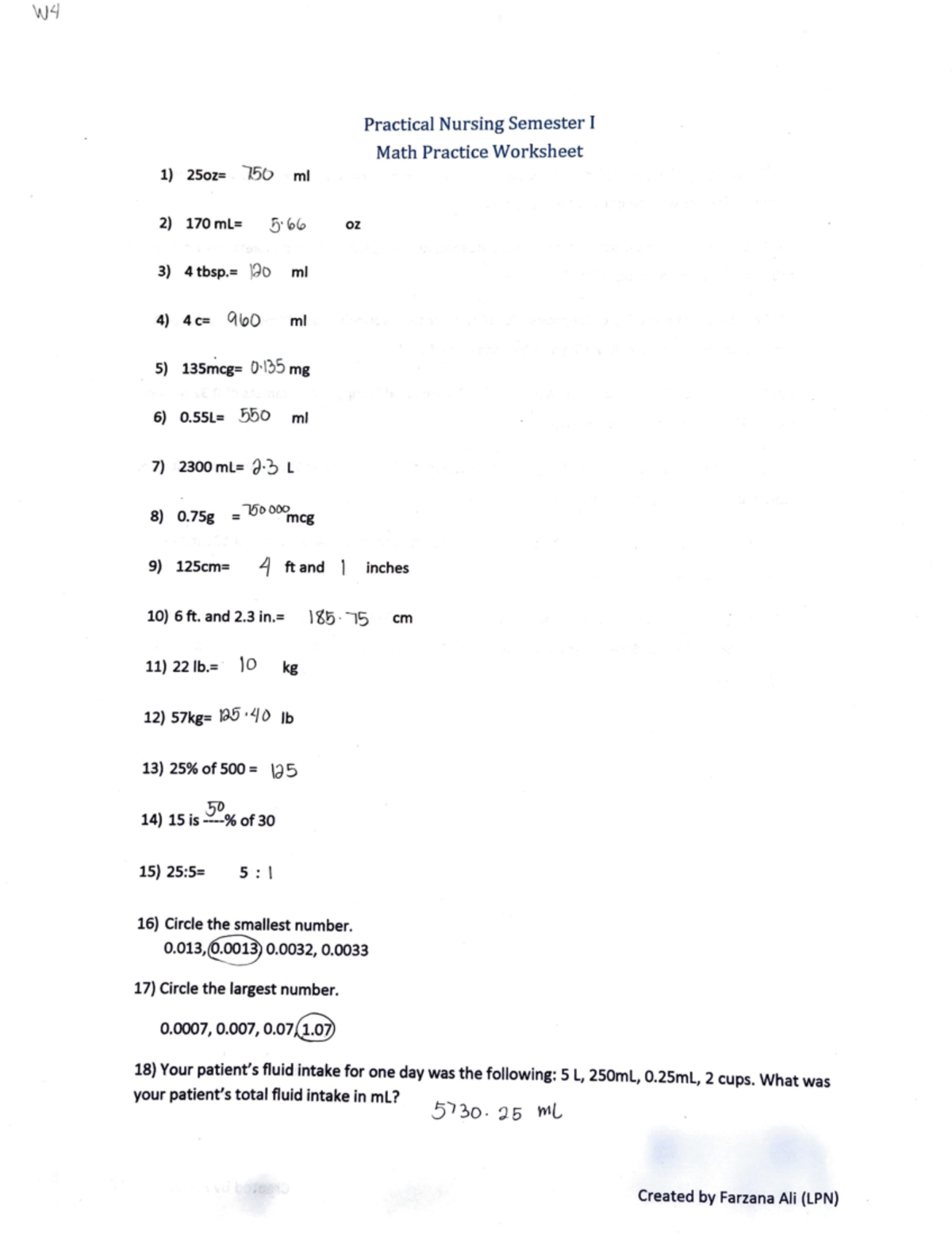 Sem1 Practice test W4 - Math conversions - 1) 25oz= l5b ml 2) 170 ml= 5 ...