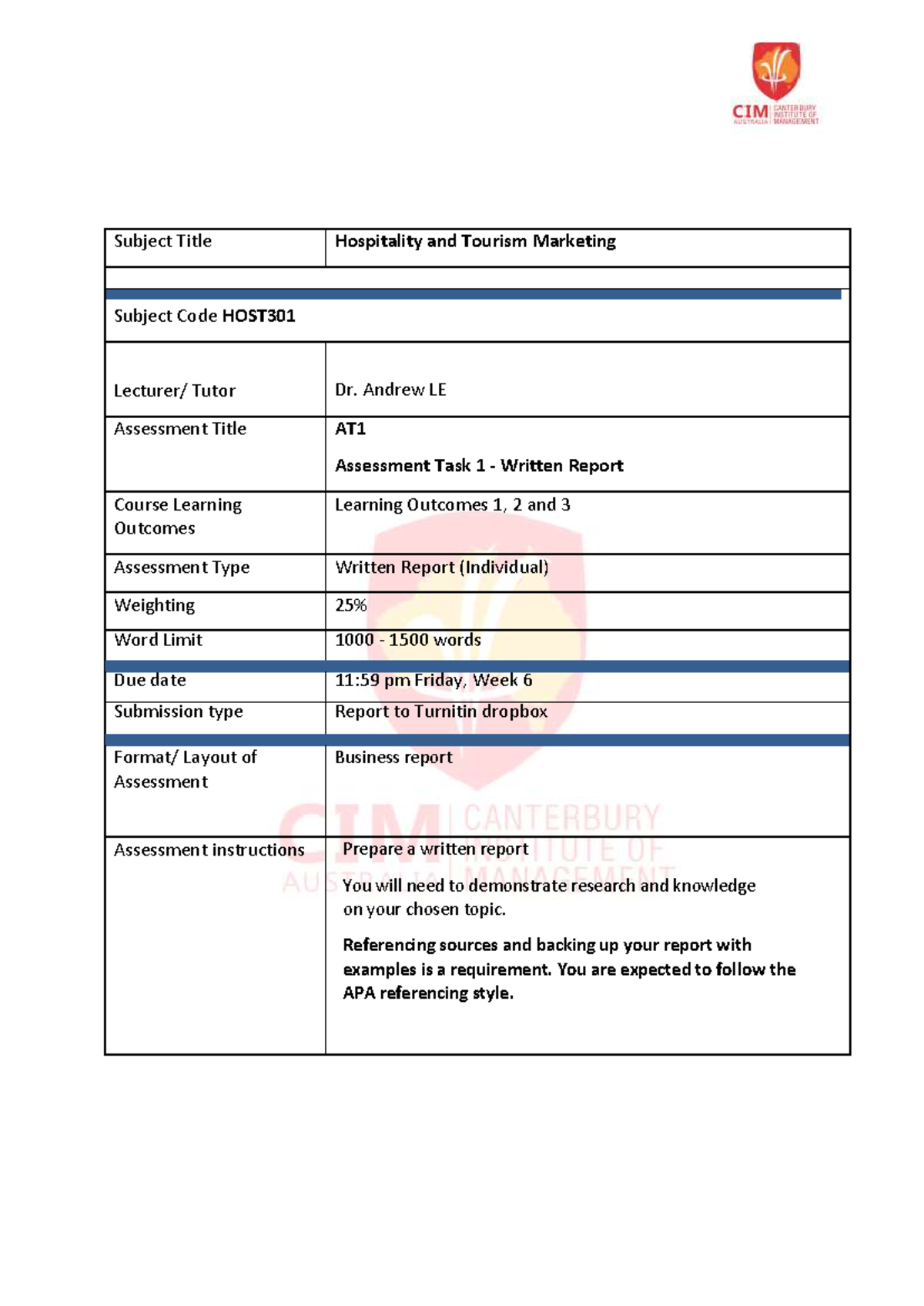 AT1 Brief HOST301 Written Report Individual S122 AL - Subject Title ...