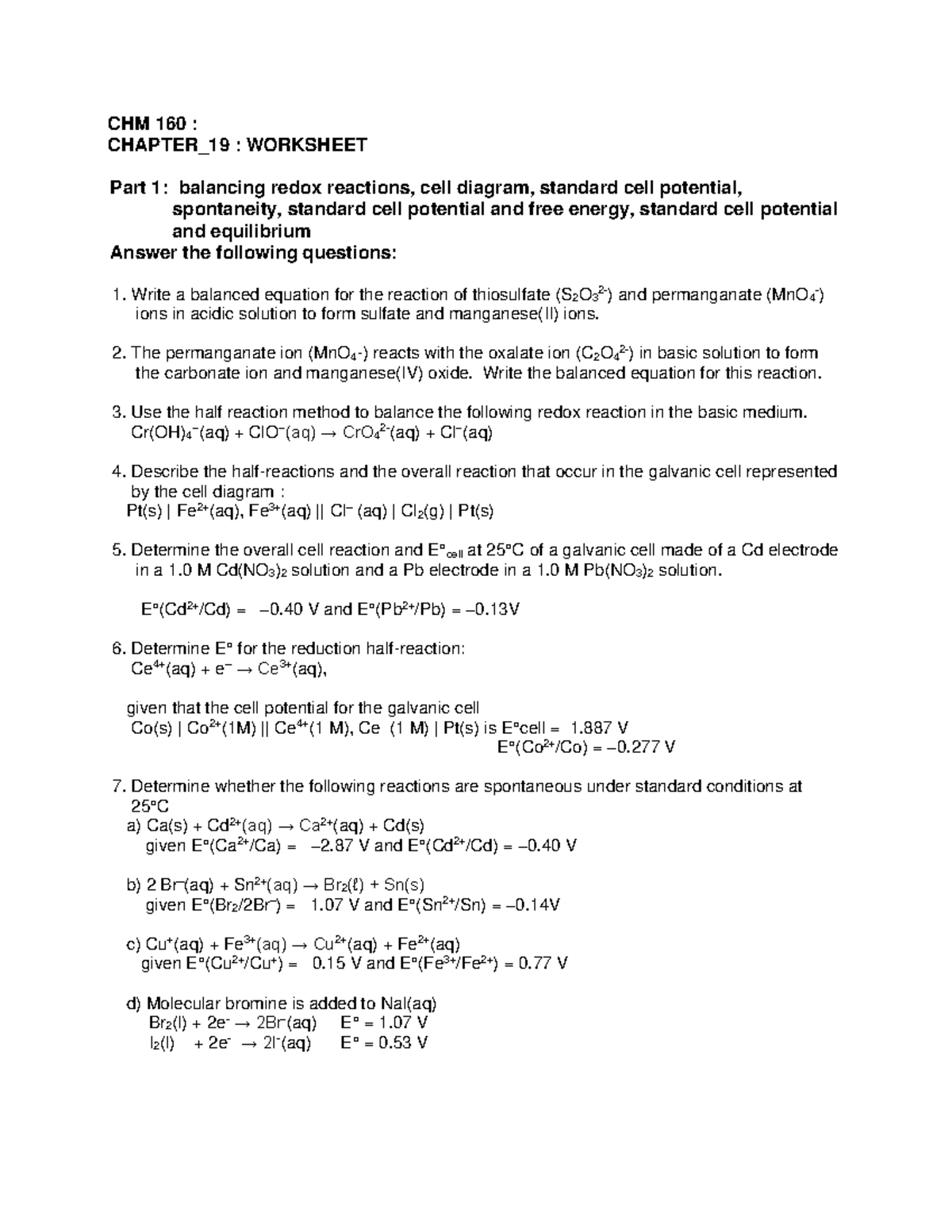 Worksheet Ch 19 - electro chem - CHM 160 : CHAPTER_19 : WORKSHEET Part 1: balancing redox ...
