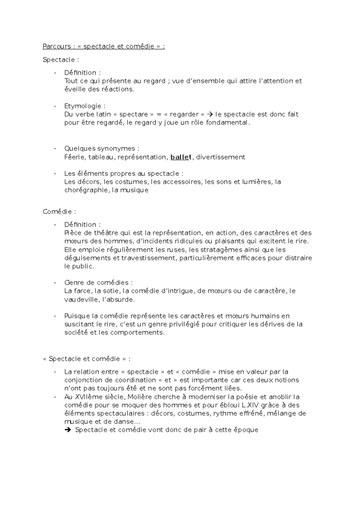 Synthese spectacle et comedie - Parcours : « spectacle et comédie ...