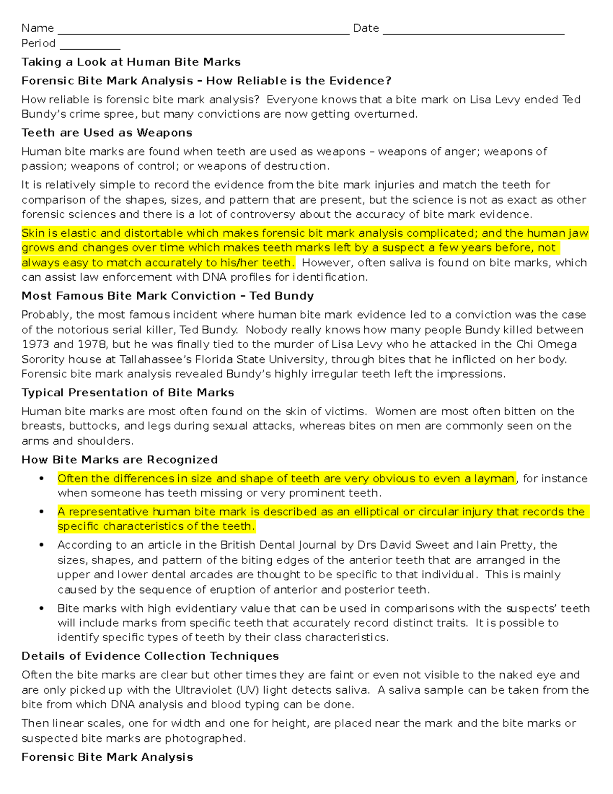 Forensic Bite Mark Analysis WS and Questions - Name - Studocu