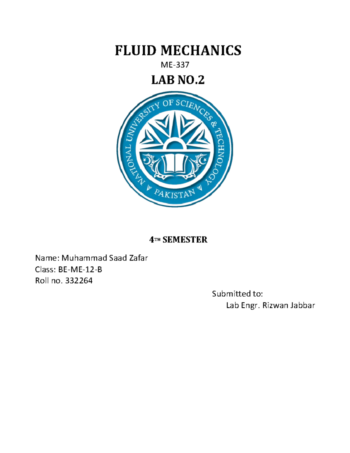 Hydrostatic properties of fluids part1 - FLUID MECHANICS ME- LAB NO. 2 ...