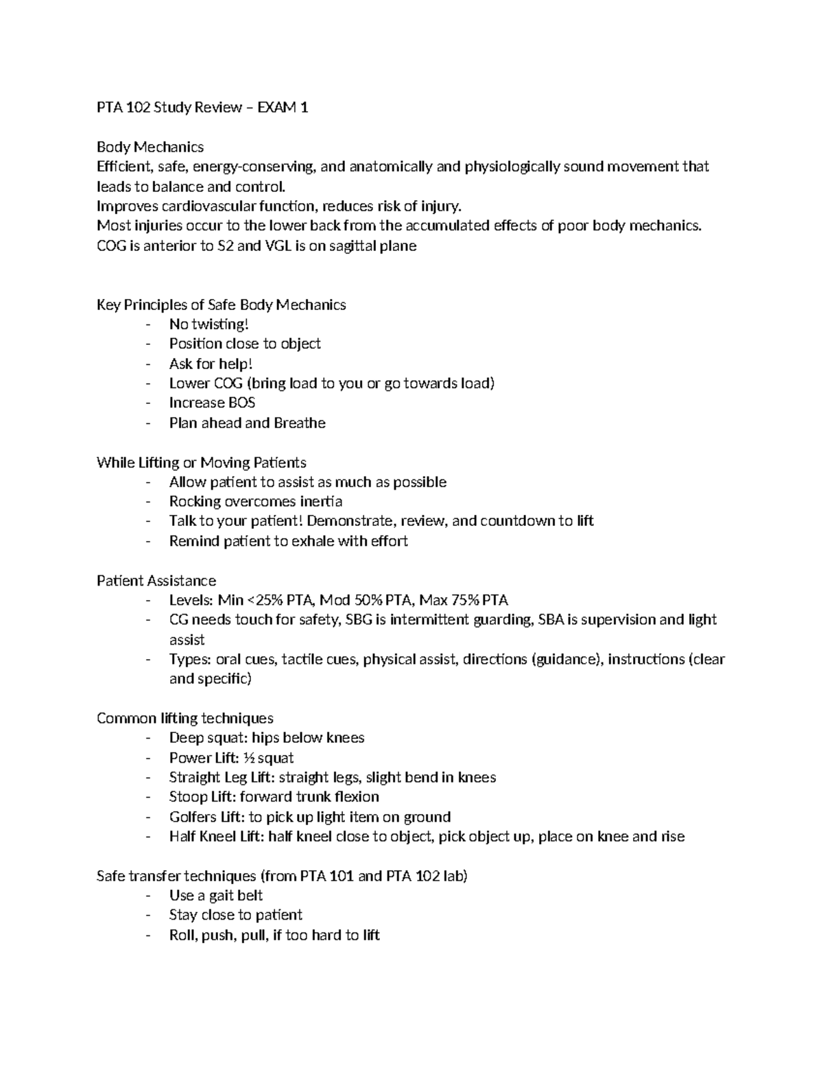 PTA 102 Study Review - PTA 102 Study Review – EXAM 1 Body Mechanics ...